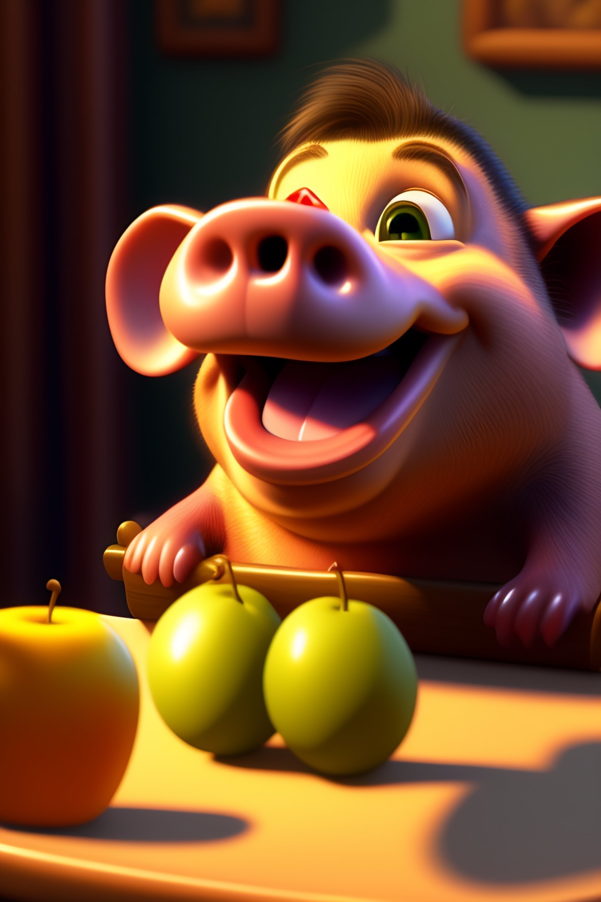 Lexica - Pixar art of a funny smiling pig eating some grapes sitting ...