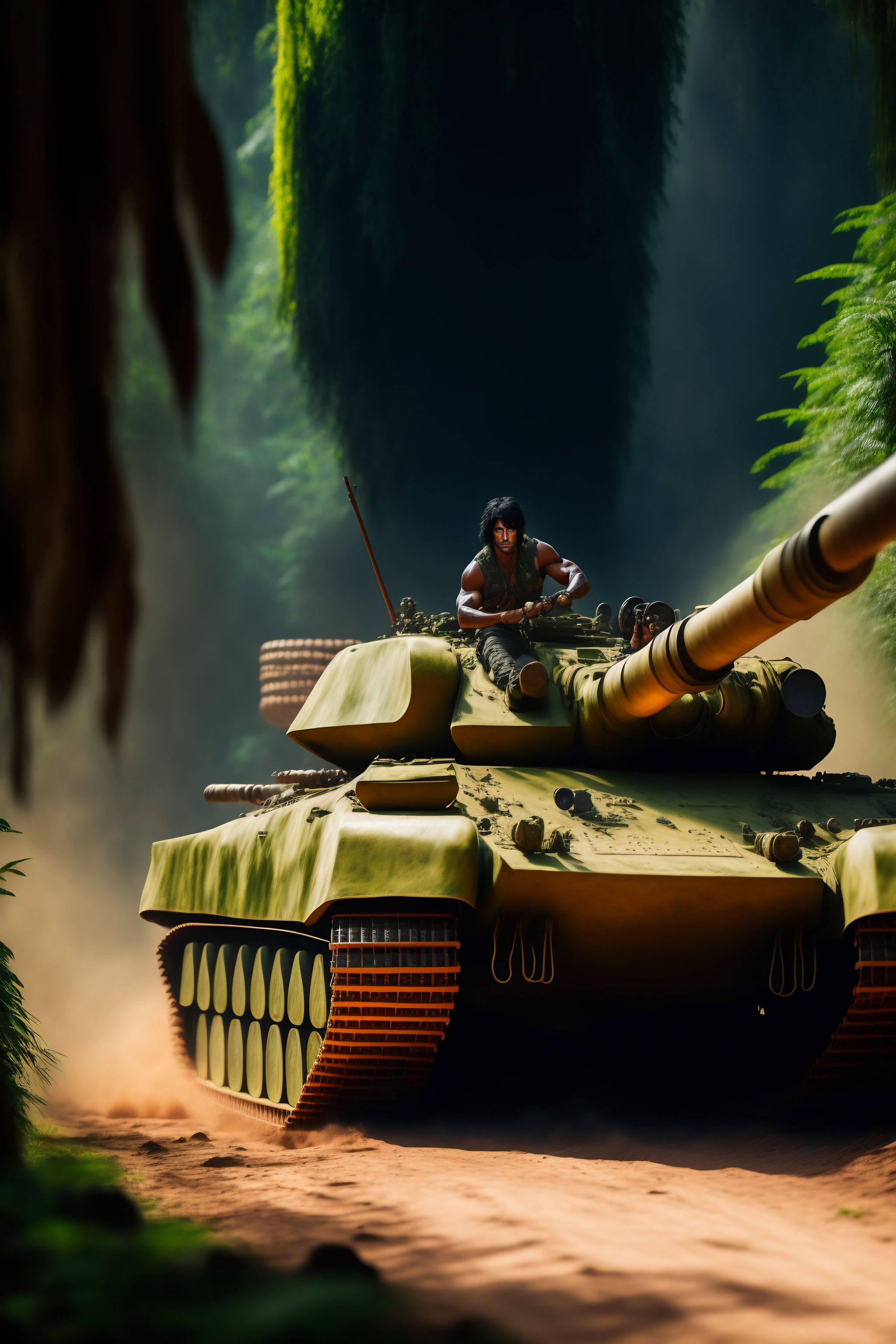 Lexica - Action shot of john rambo on a tank in a jungle, cinematic ...