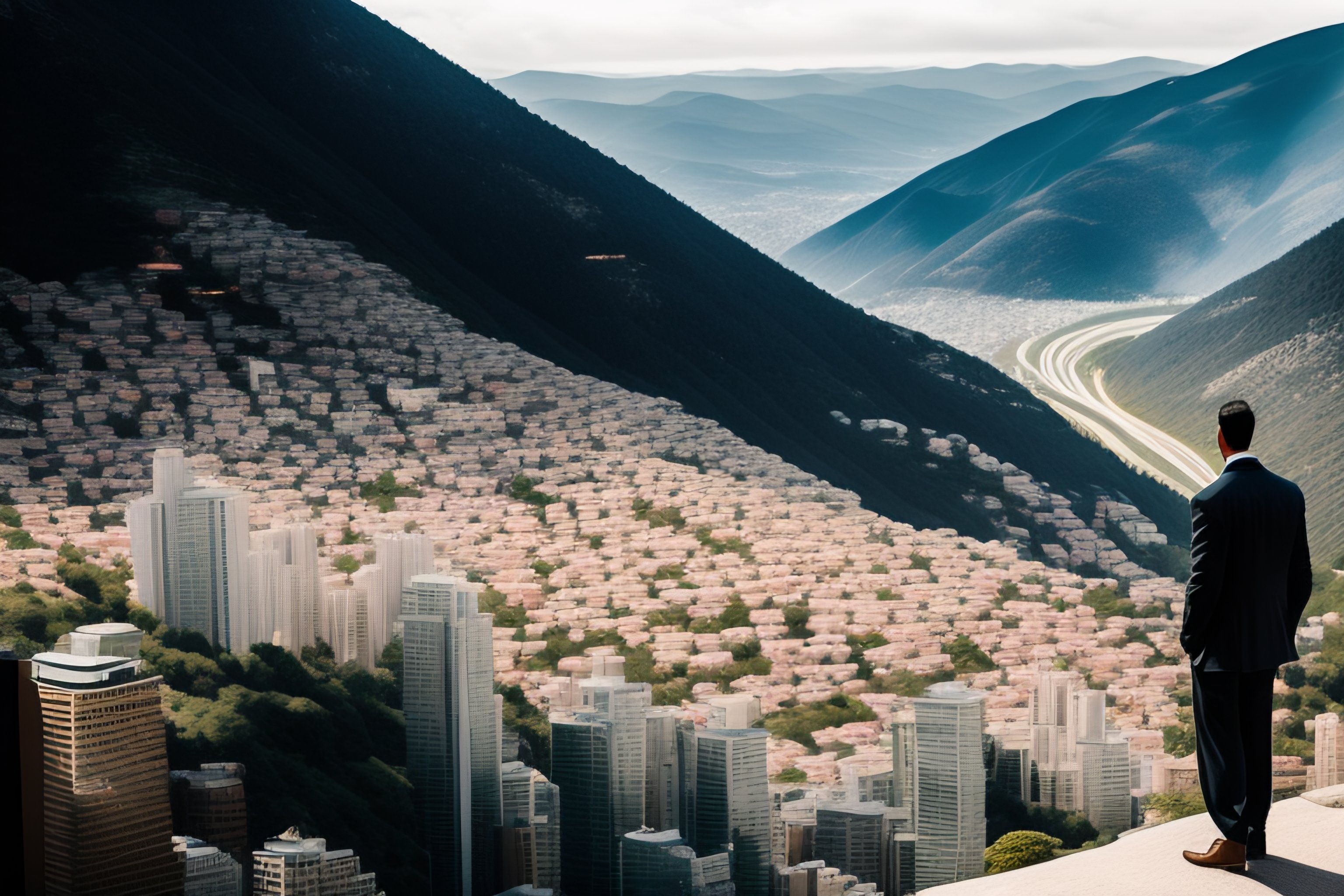 Lexica - In the image, there is a lone man standing on the peak of a ...