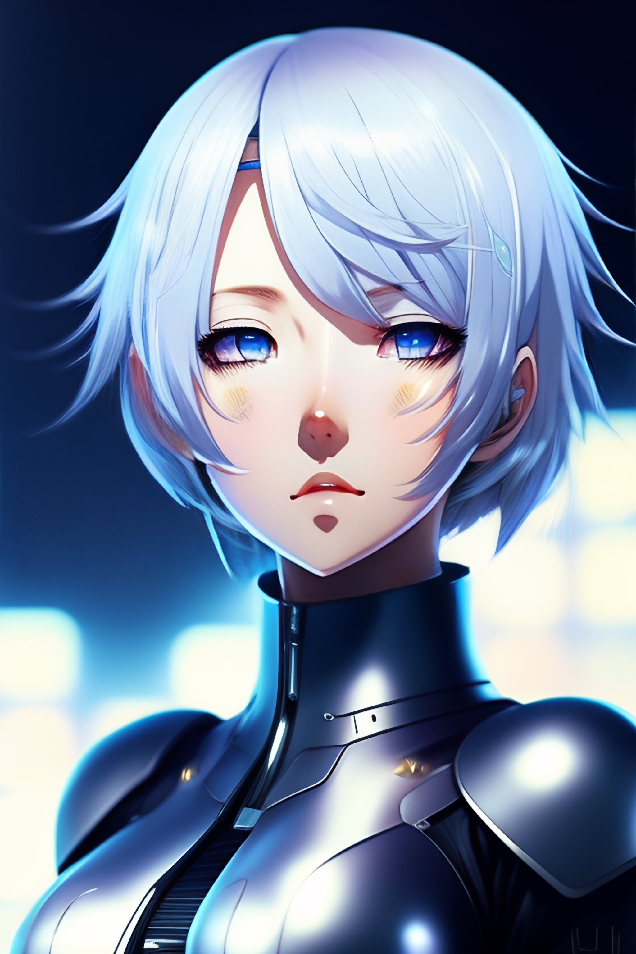 Lexica - Young adult Anime android girl with silver hair, blue eyes ...