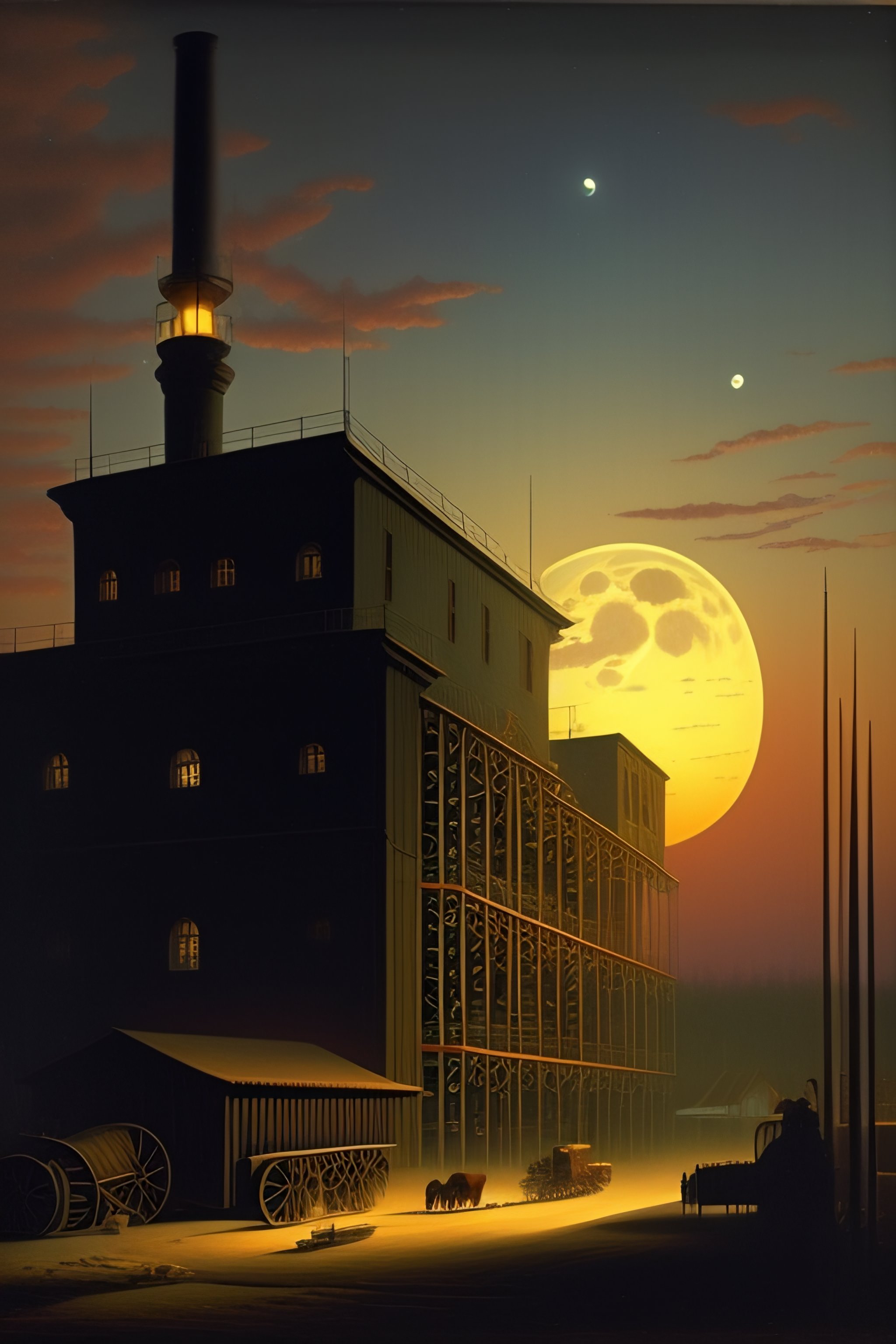 Lexica - A Victorian factory, large complex machinery, on a moonlight ...