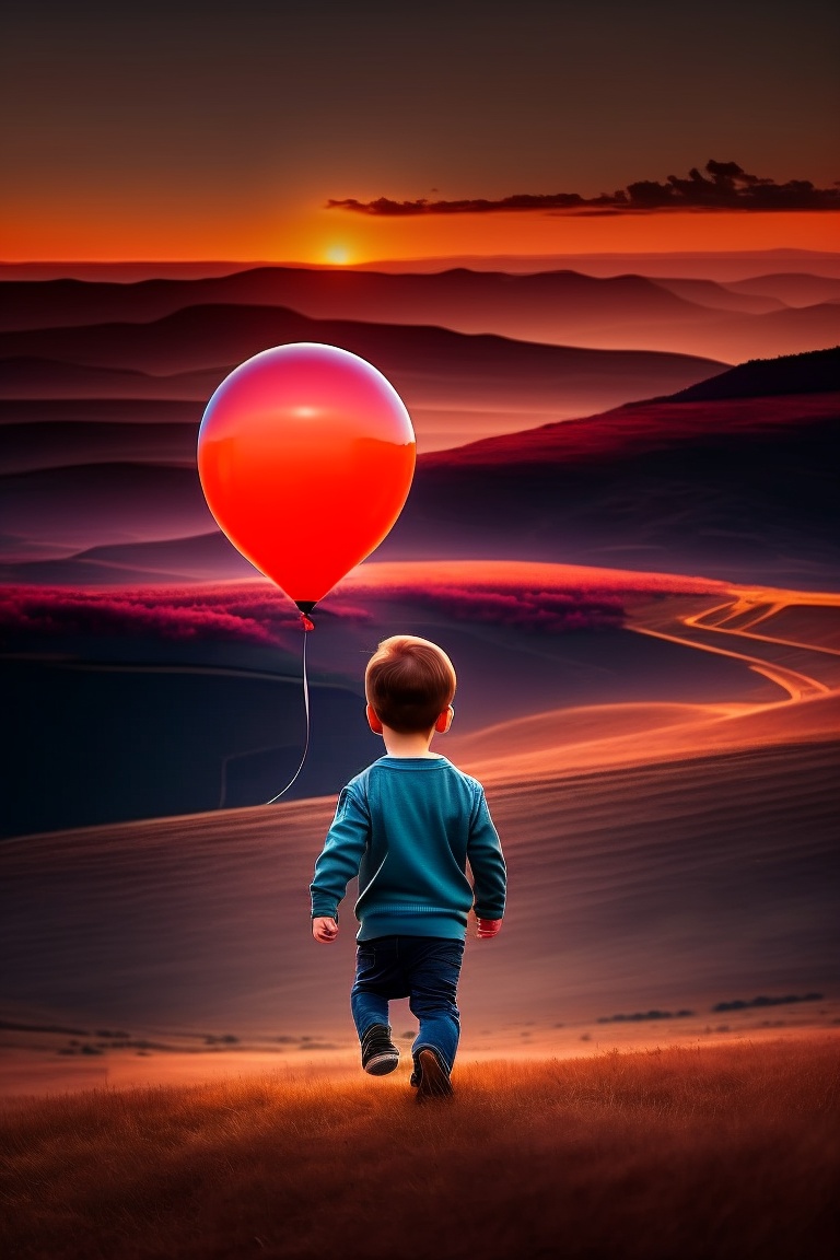 Lexica - A little boy chasing a red balloon, sunset, hill top