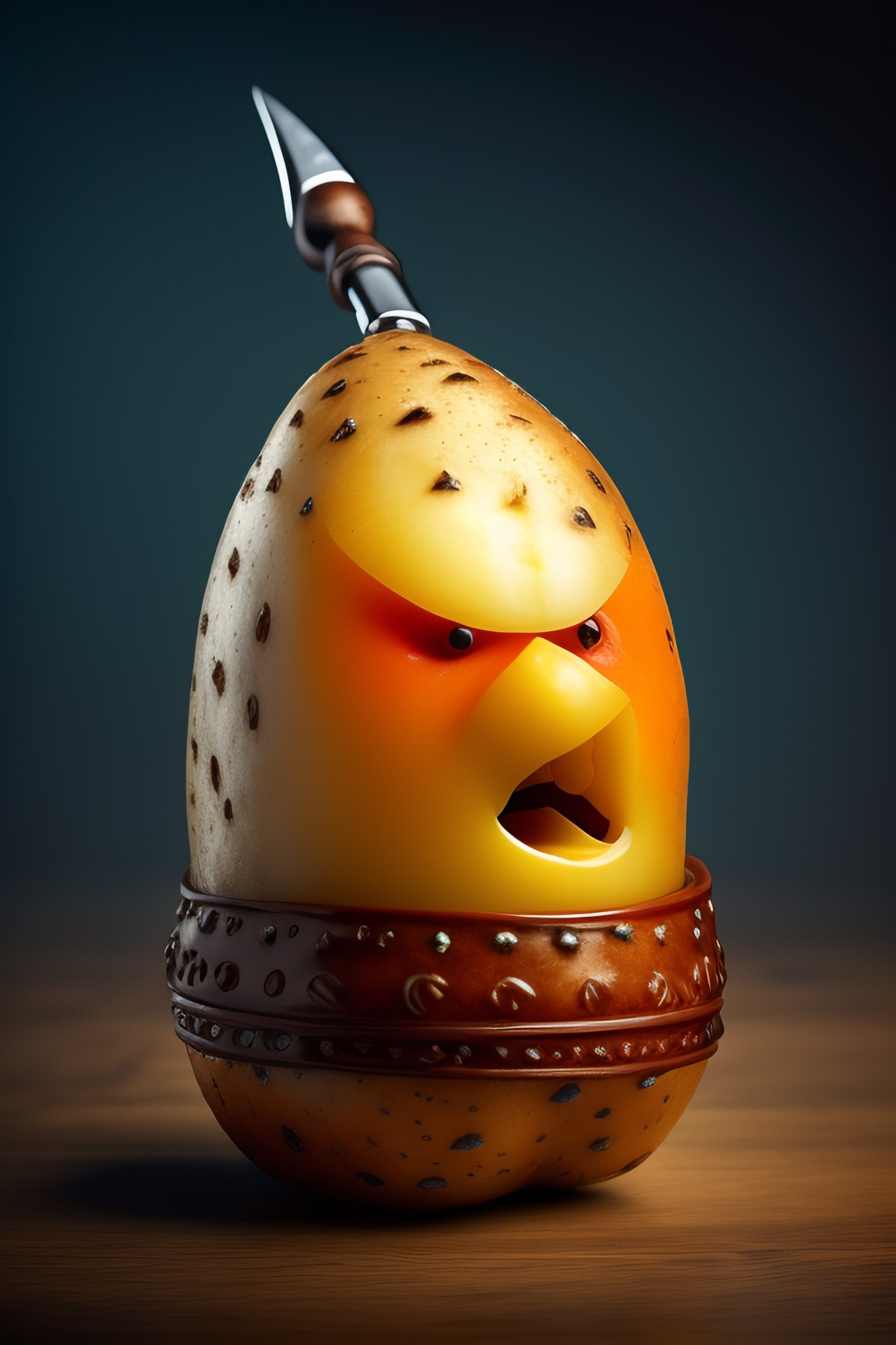 Lexica - Angry potato with weapon scary