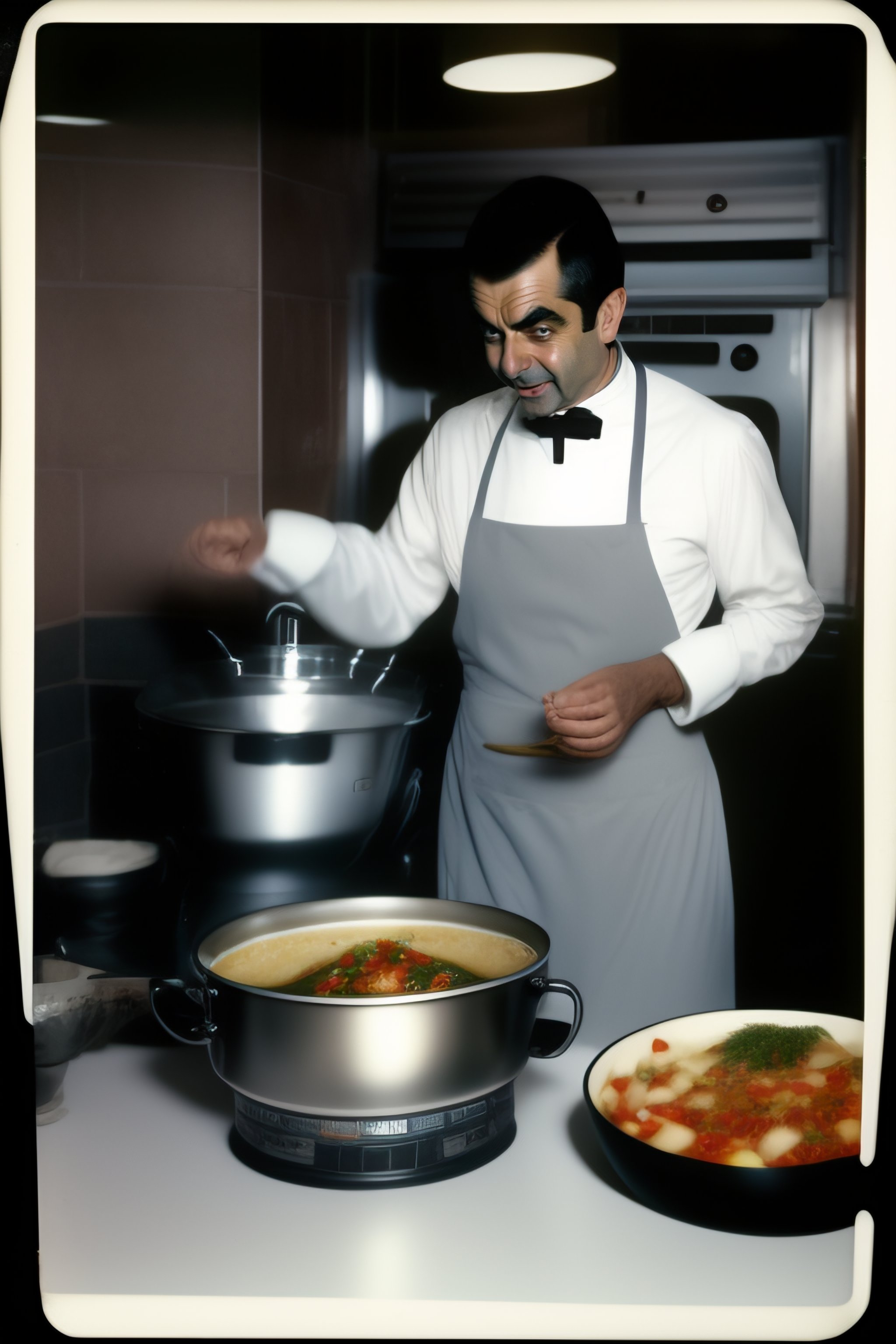 Lexica - A polaroid of Rowan Atkinson Mr Bean cooking a christmas dinner