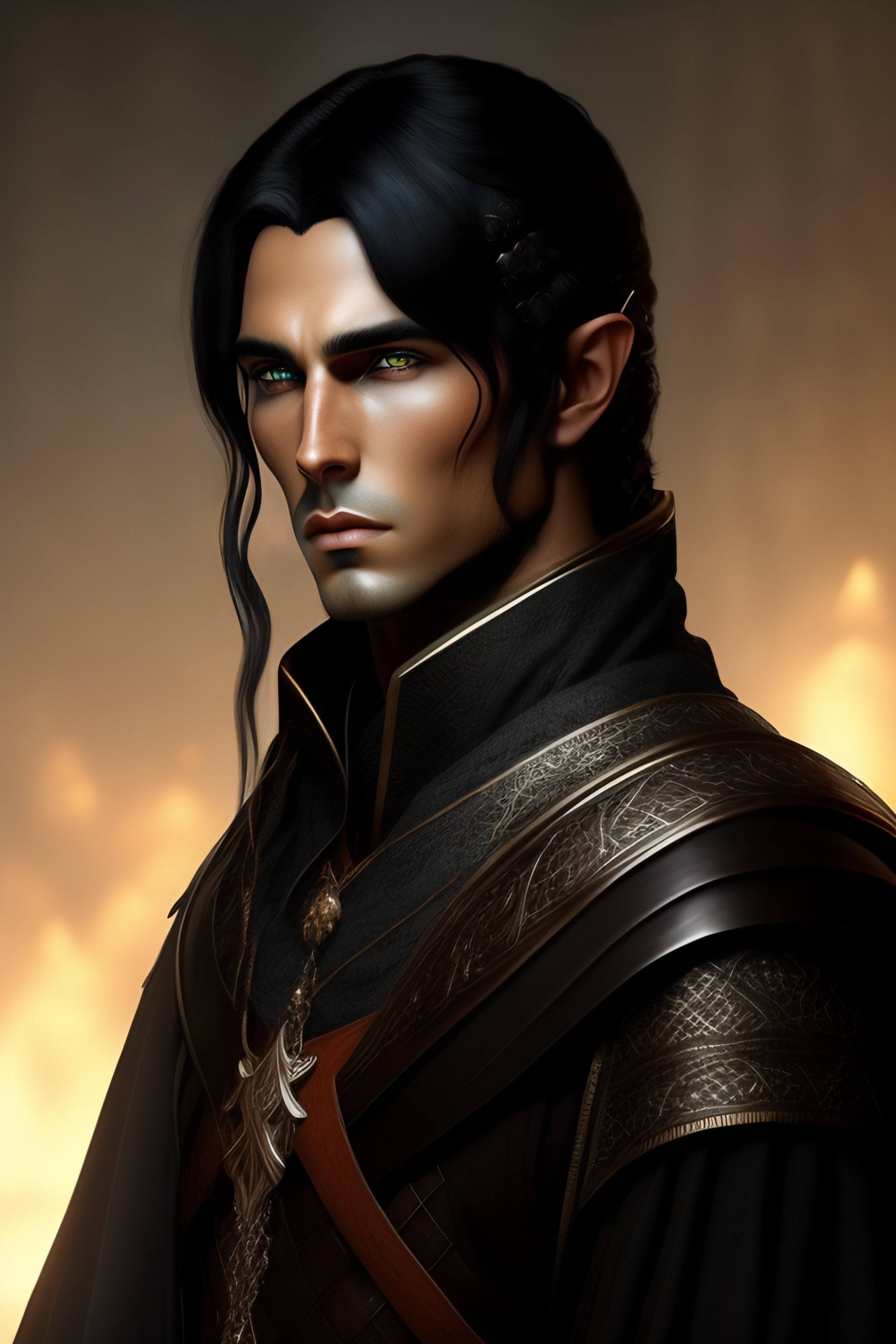Lexica - Elf male, black hair, medieval style, black clothes