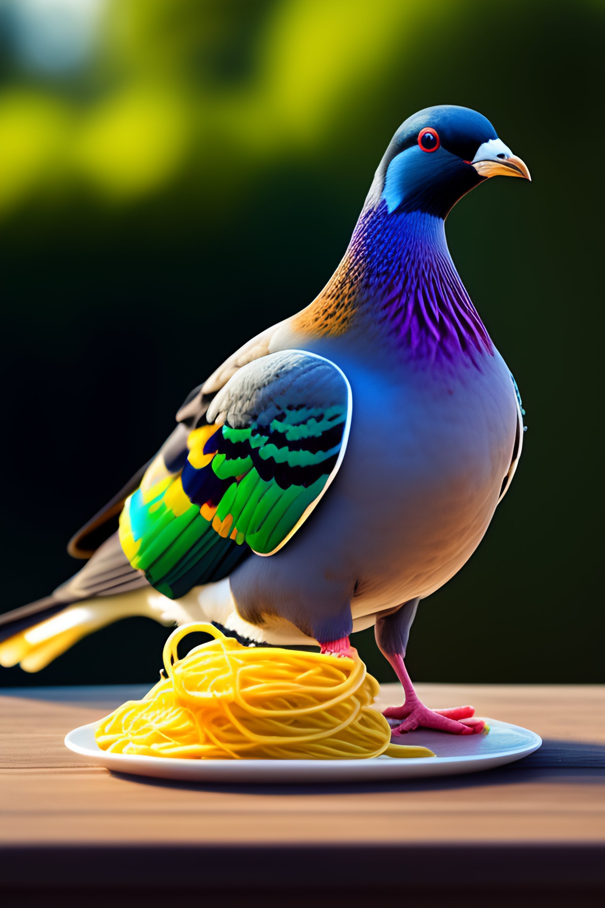 Lexica - A pigeon eats spaghetti in a yard