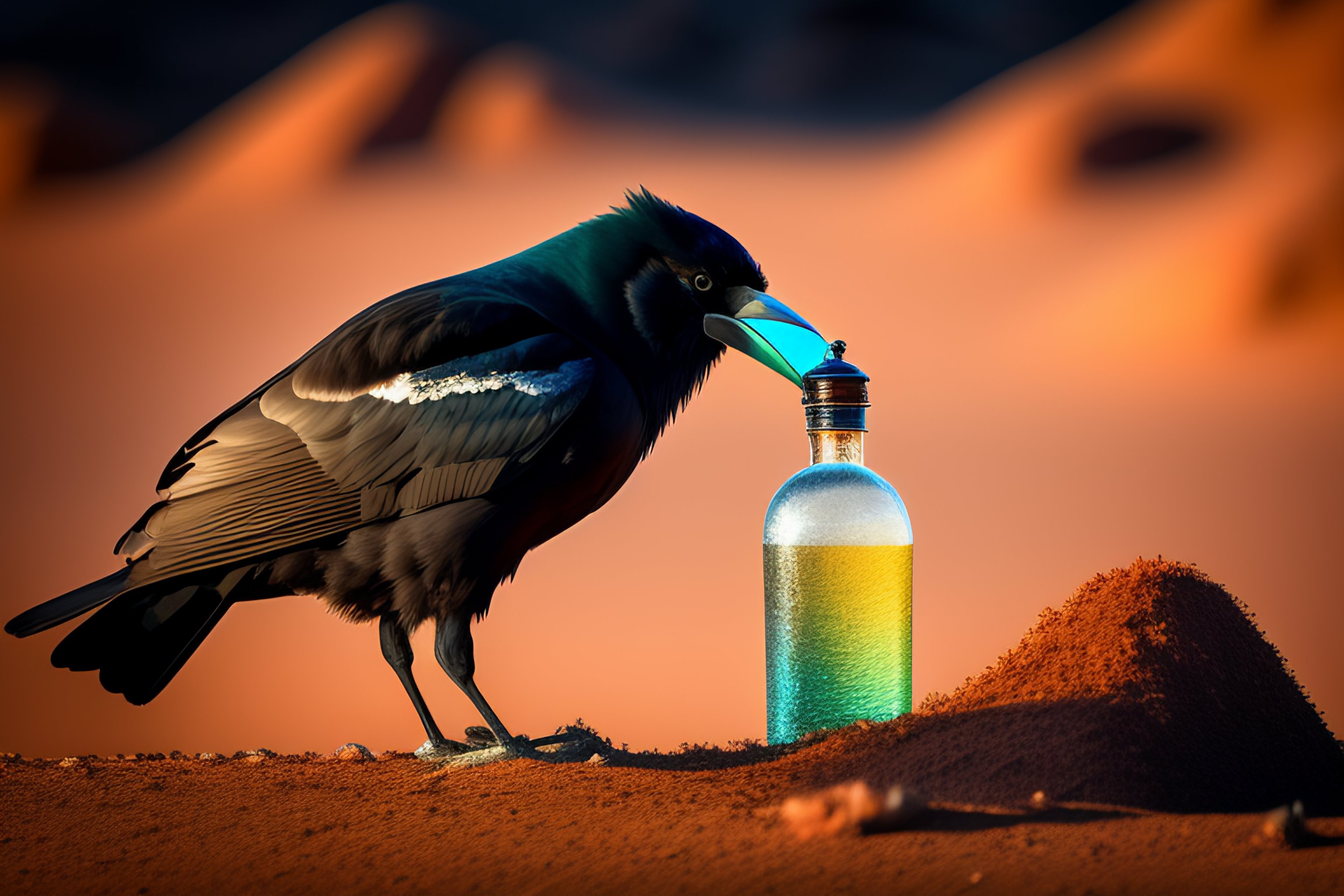 Lexica - Crow drinking a falling bottle water, desert, high detail ...