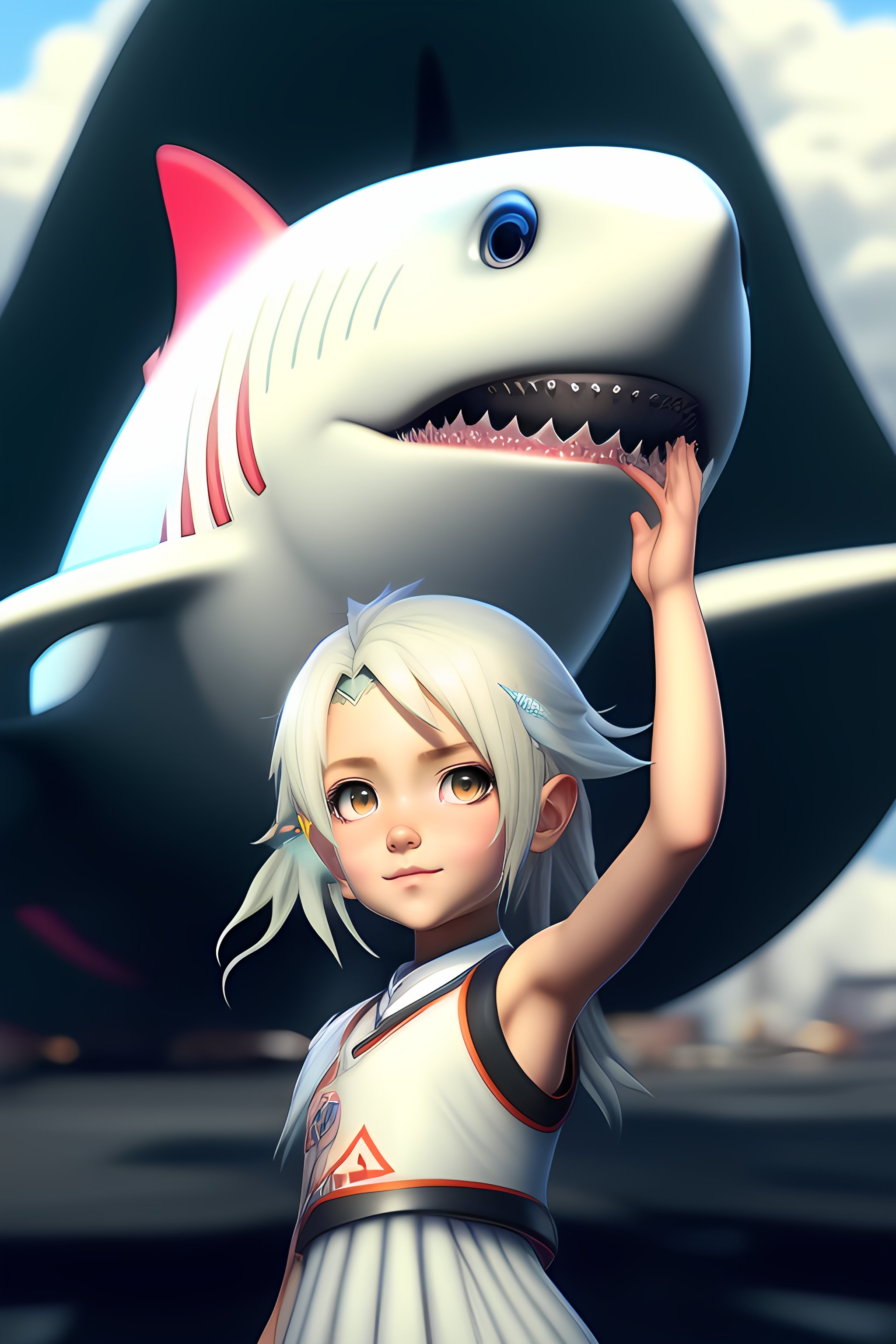 Lexica - A girl, anya anime style, with white hair, wearing a shark ...