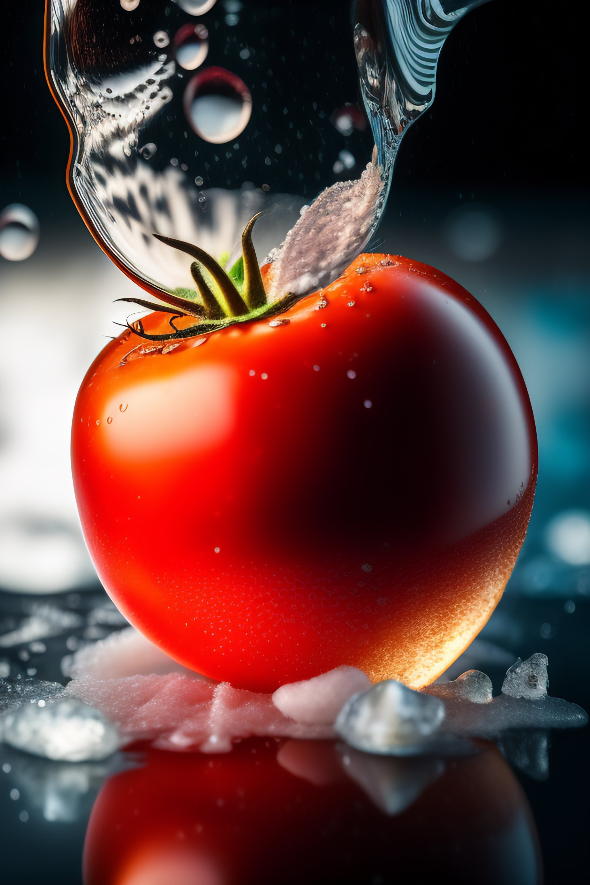 Lexica - Cinematic photograph of a tomato in center, ice cubes, dill ...