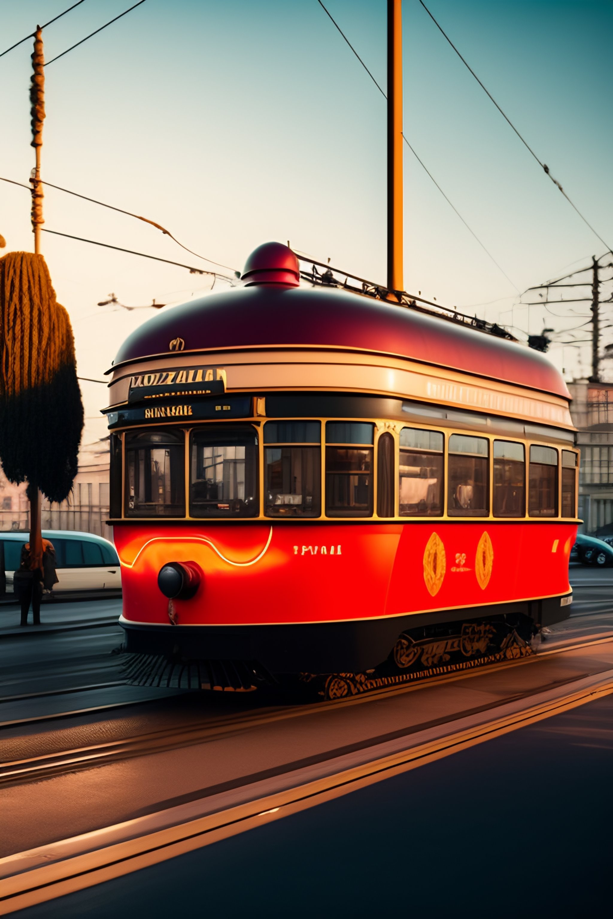 Lexica - Russian tram on the street near cafe sunset