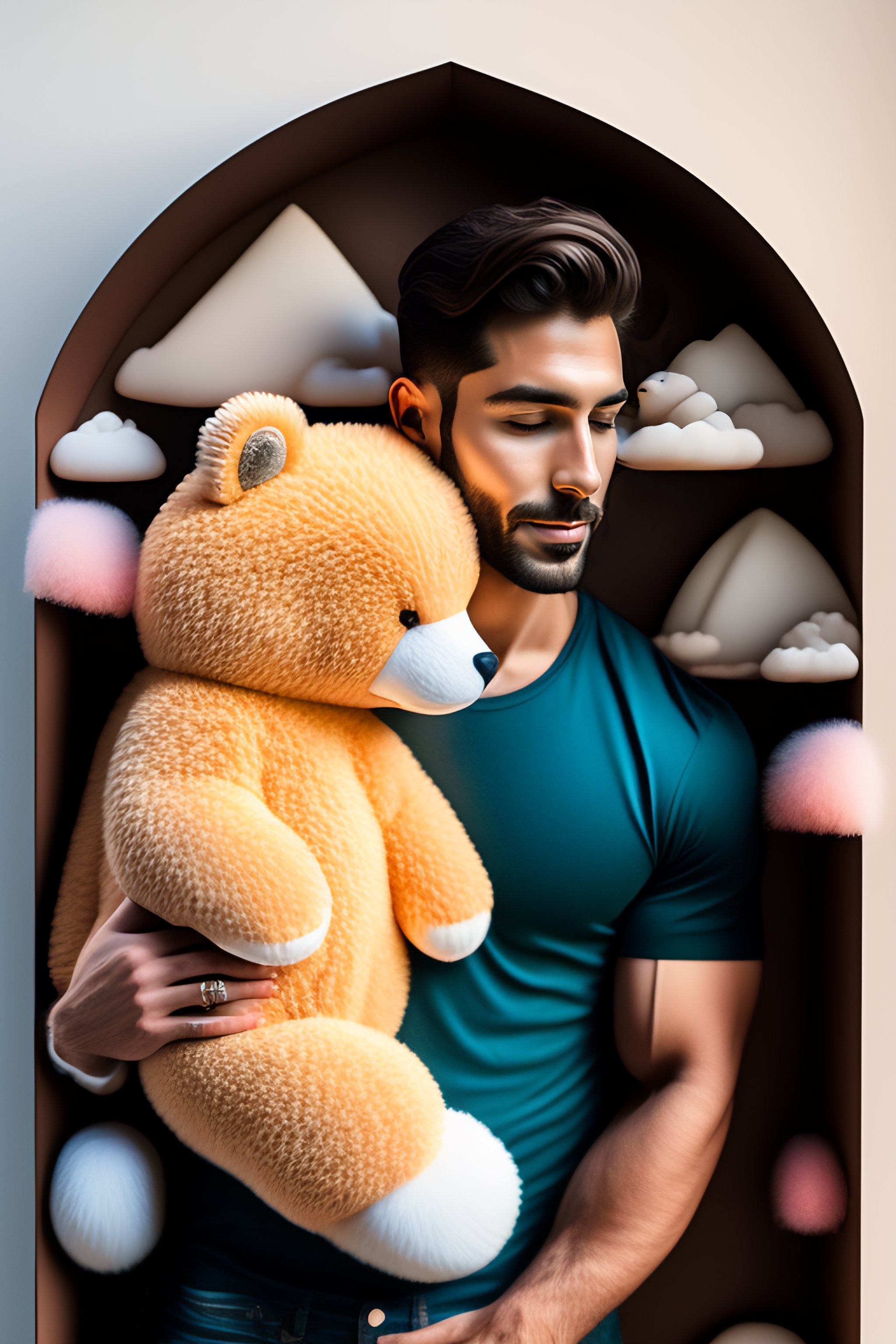 Lexica - Handsome guy with a fluffy bear in his arms soft light paper ...