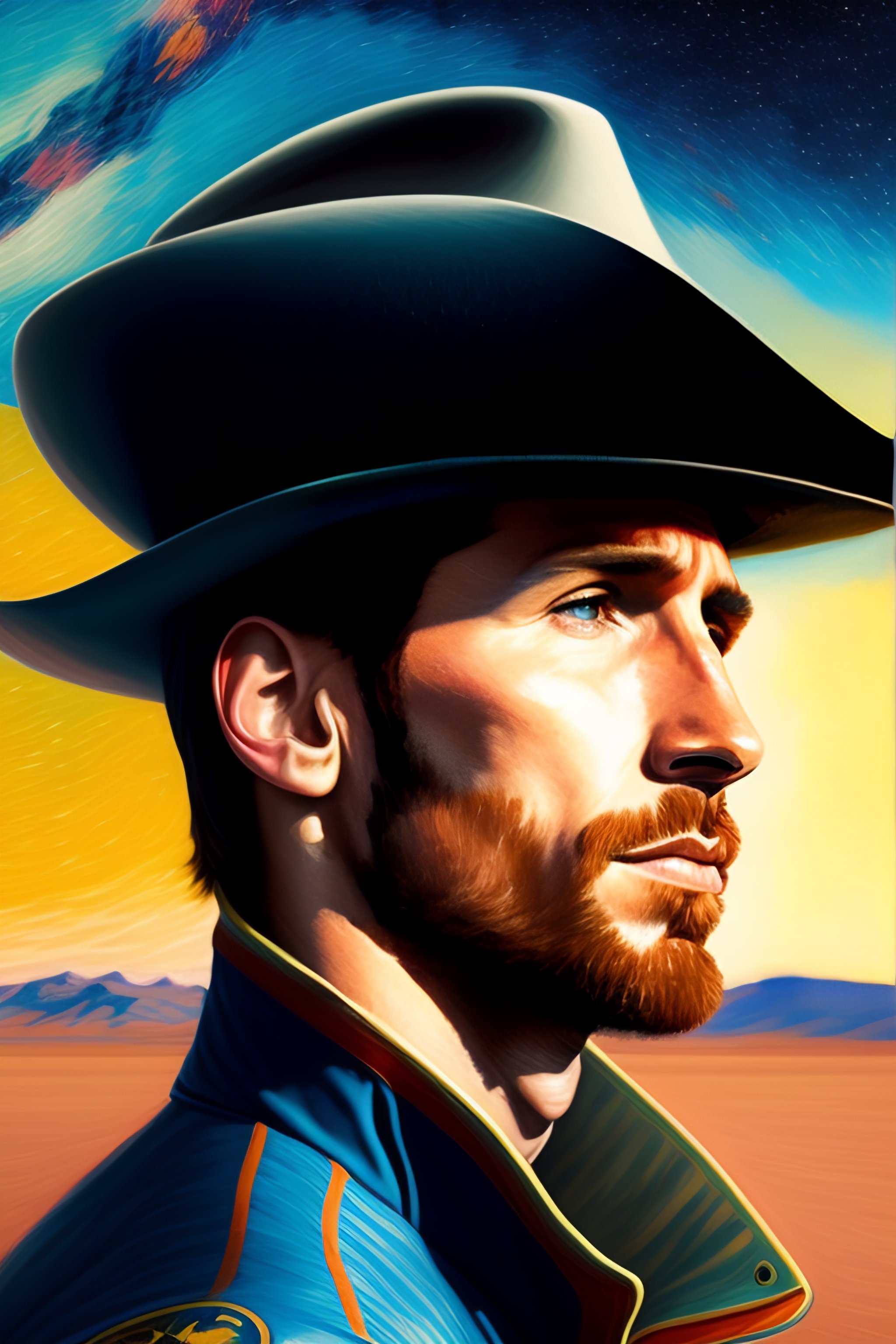 Lexica - Lionel messi with a cowboy hat look to the horizon, distant ...