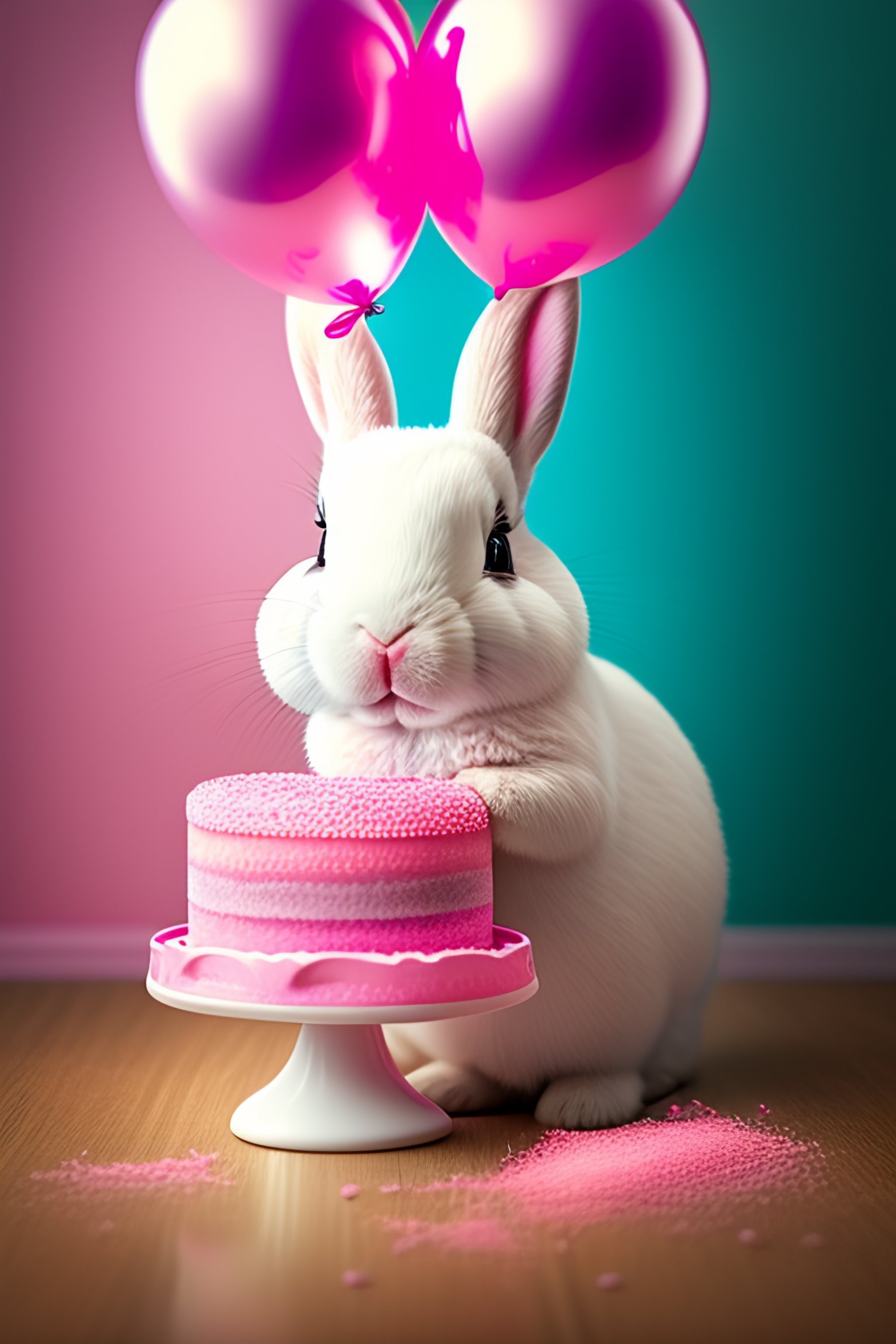 Lexica - Cute little pink bunny celebrating birthday with balloons and cake