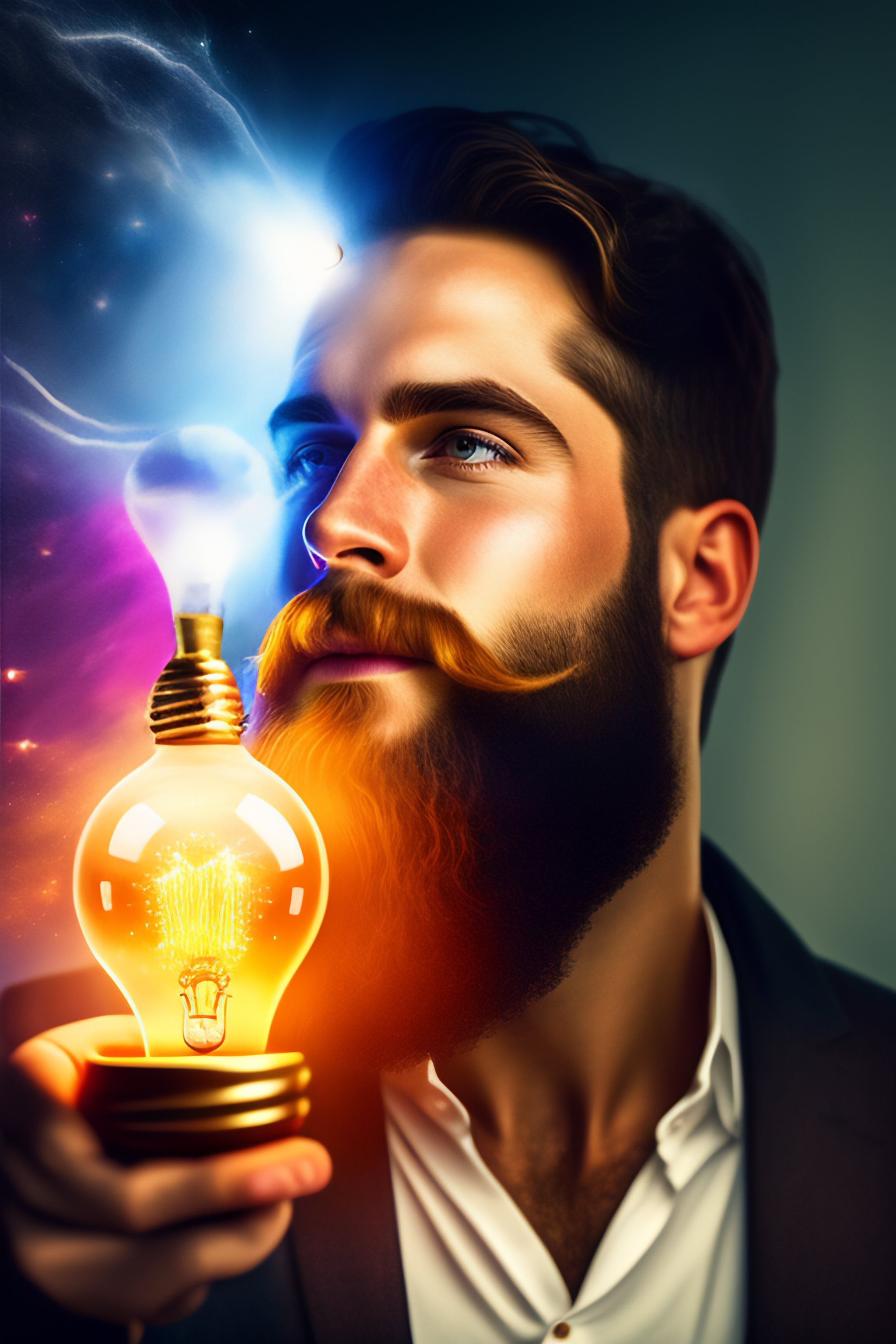 Lexica - A man with a full, short beard, light bulb, explosion of ...