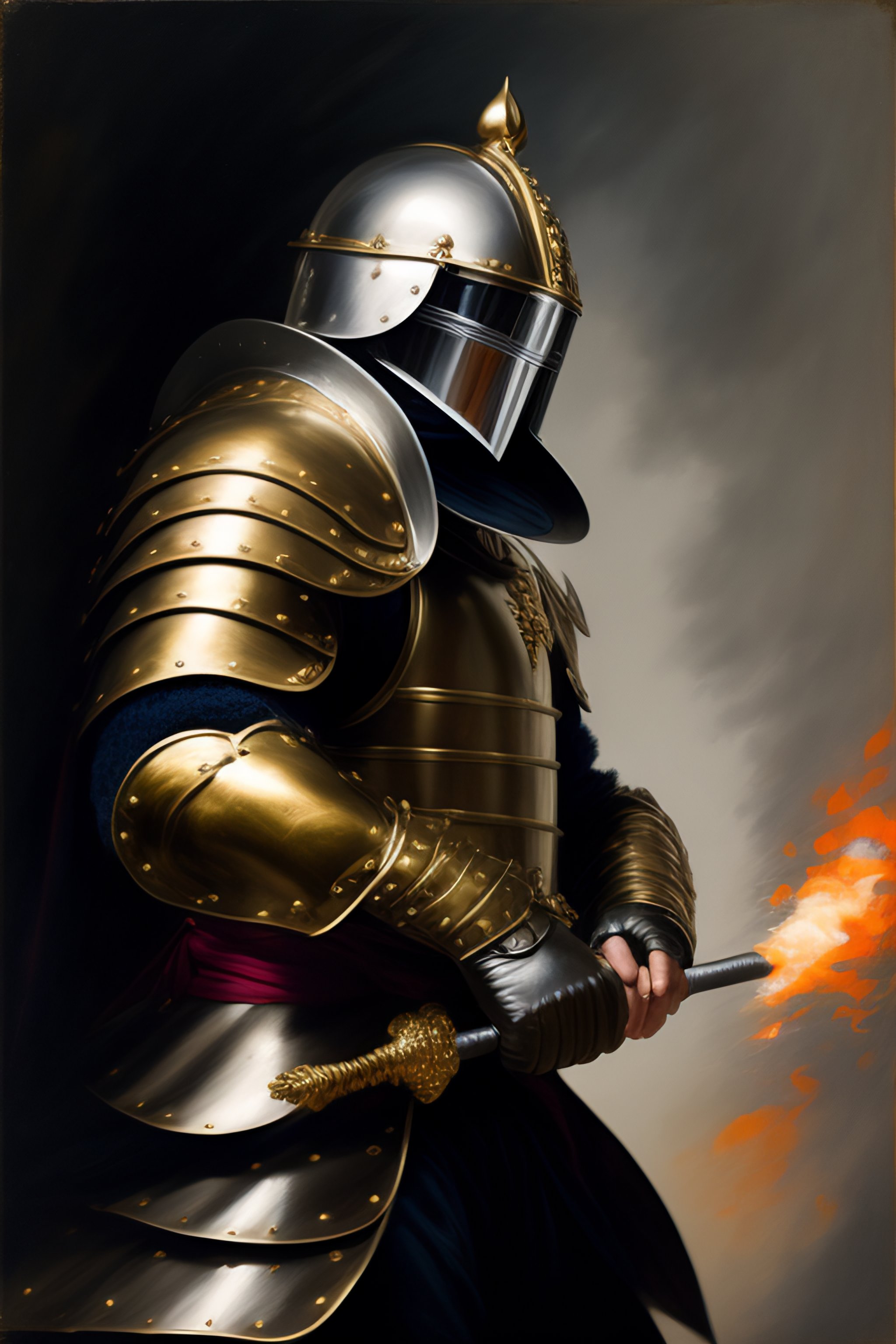 Lexica - Action shot of a man in dark grey banded mail armour, weilding ...