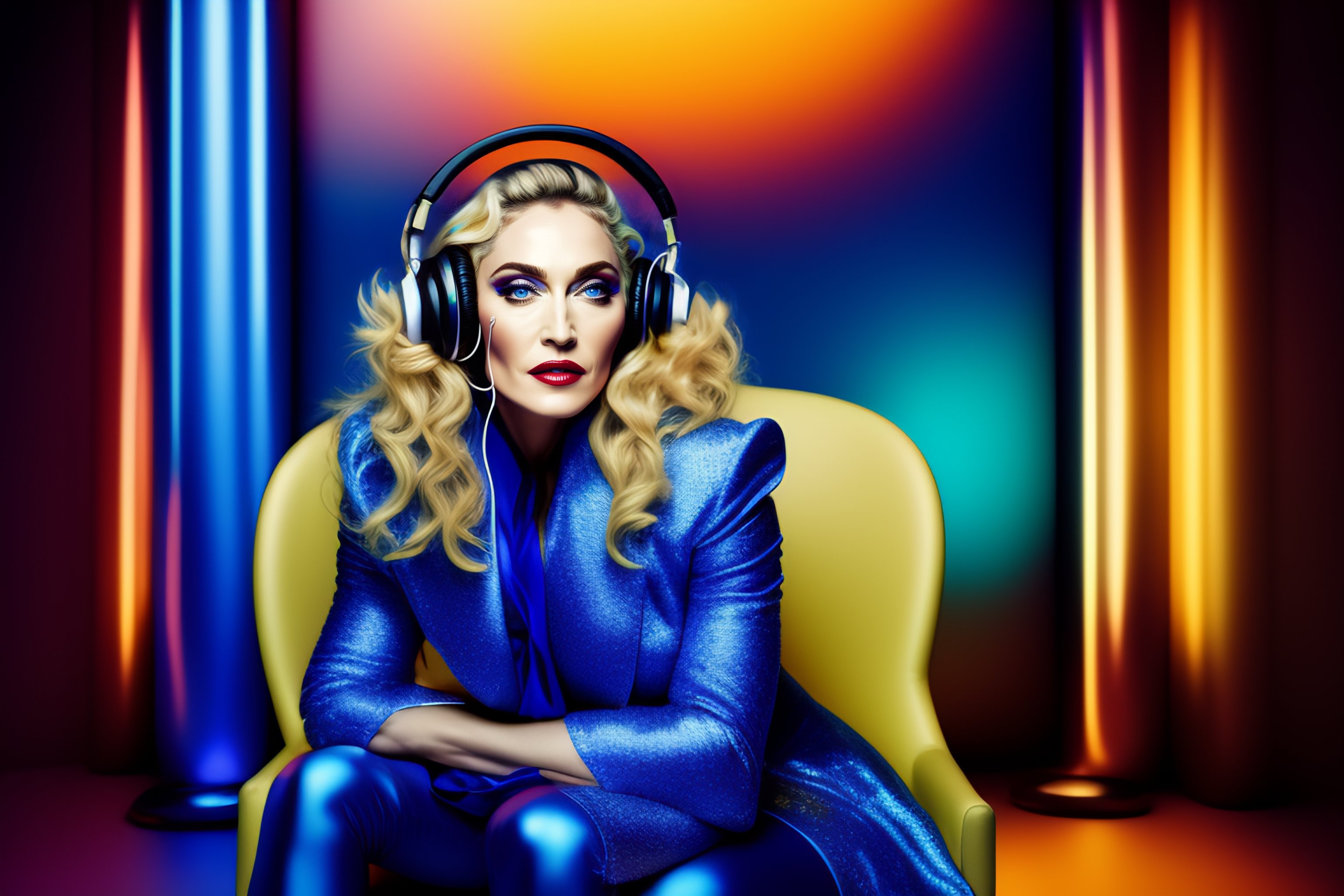 Lexica - Madonna with headphones on sitting in a chair, a photo studio ...