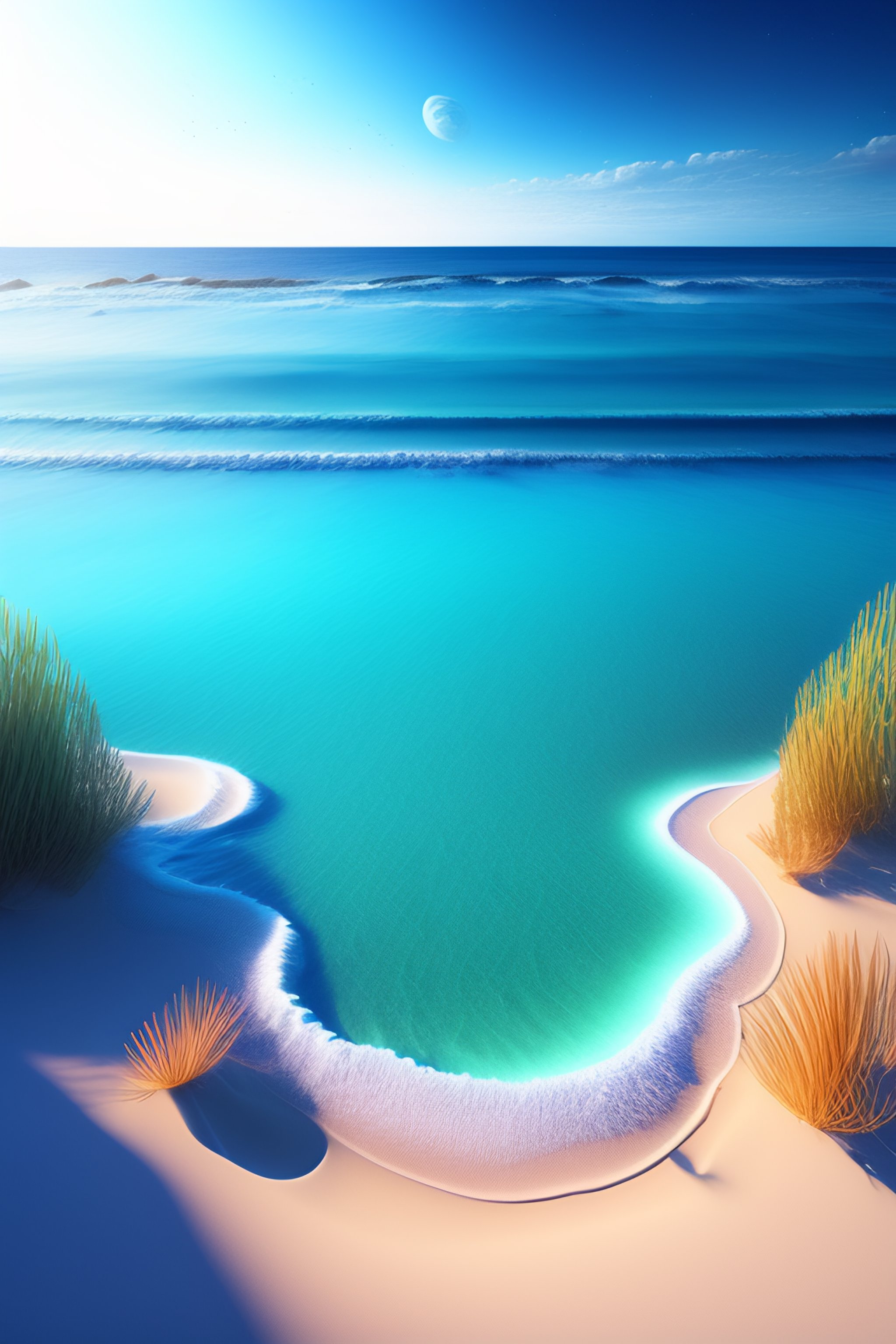 Lexica - Harmony of cyan glowing ocean, white sand beach, giant ...