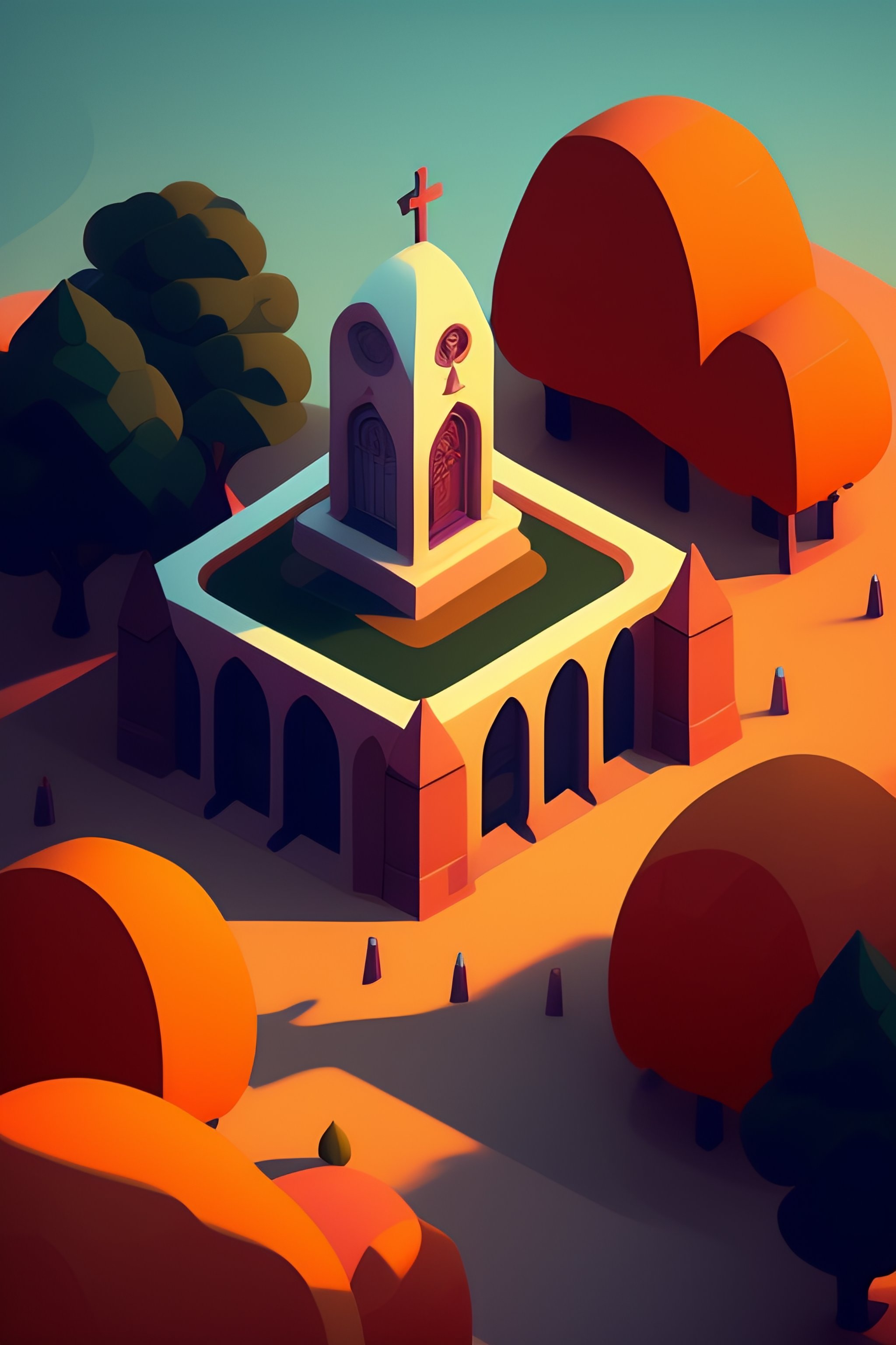 Lexica - Isometric render of a graveyard by a town, simple, solid ...