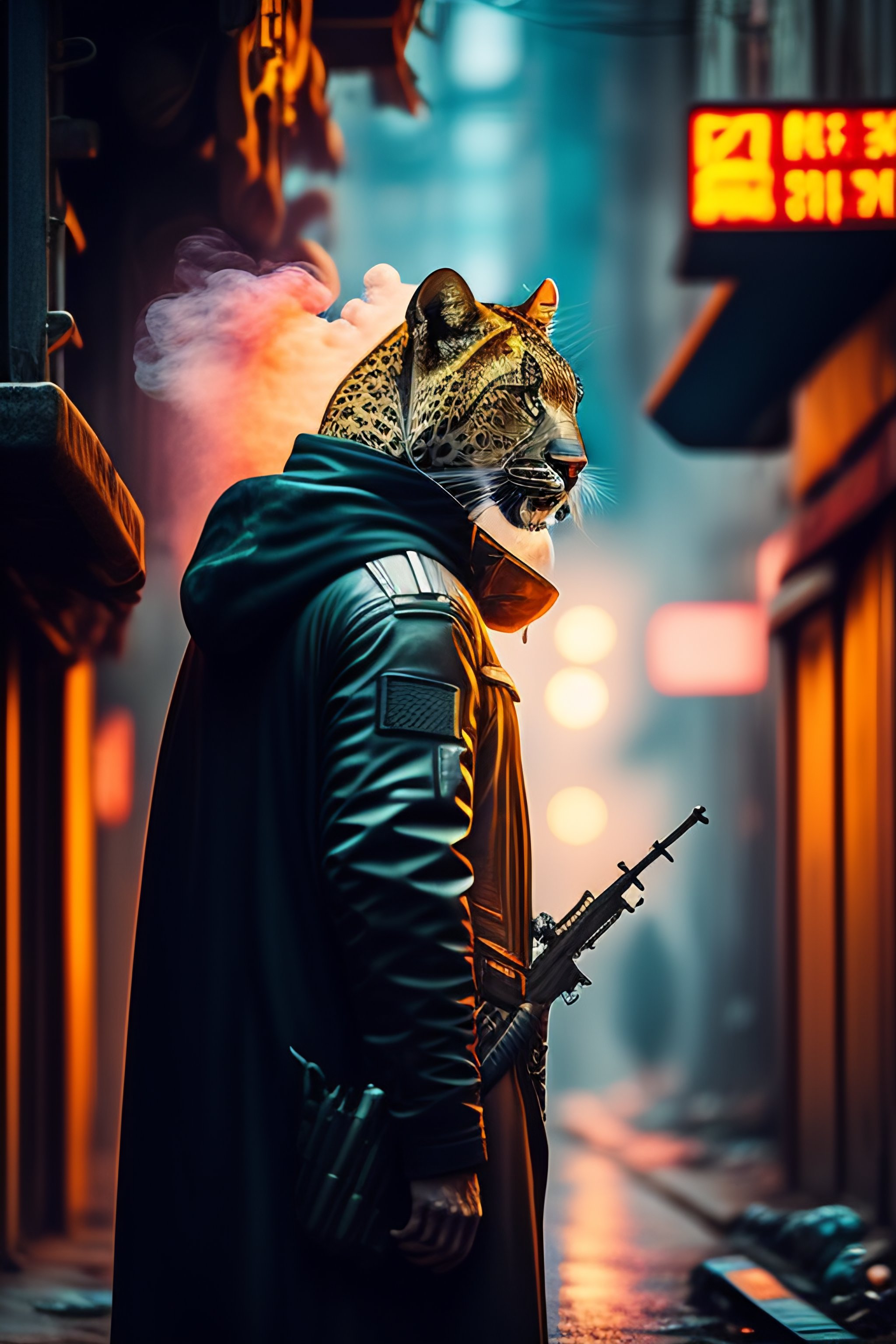 Lexica - Mercenary leopard smoking in a cyberpunk alley