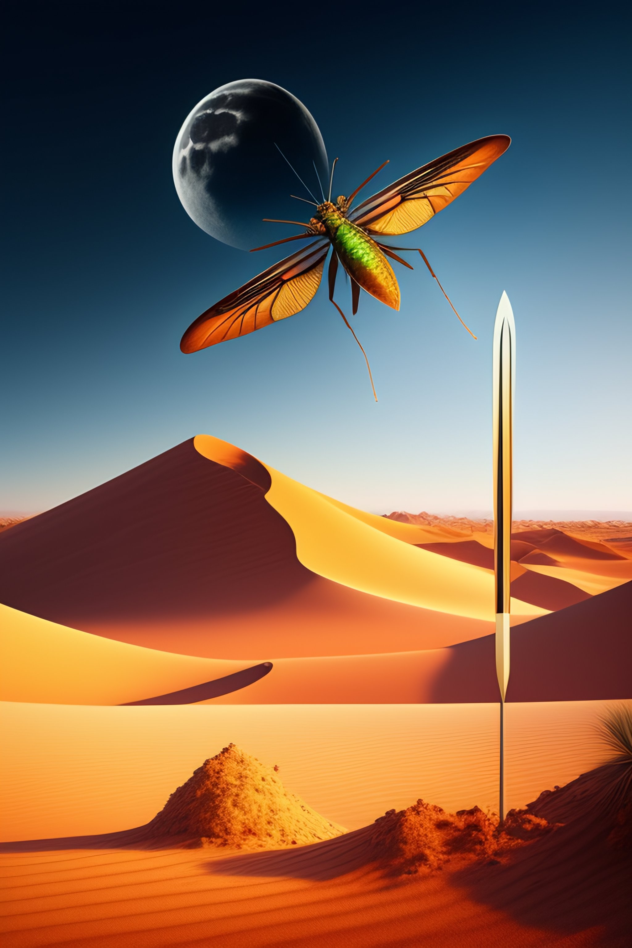Lexica - A mantis insect in a desert with a crescent moon spear.