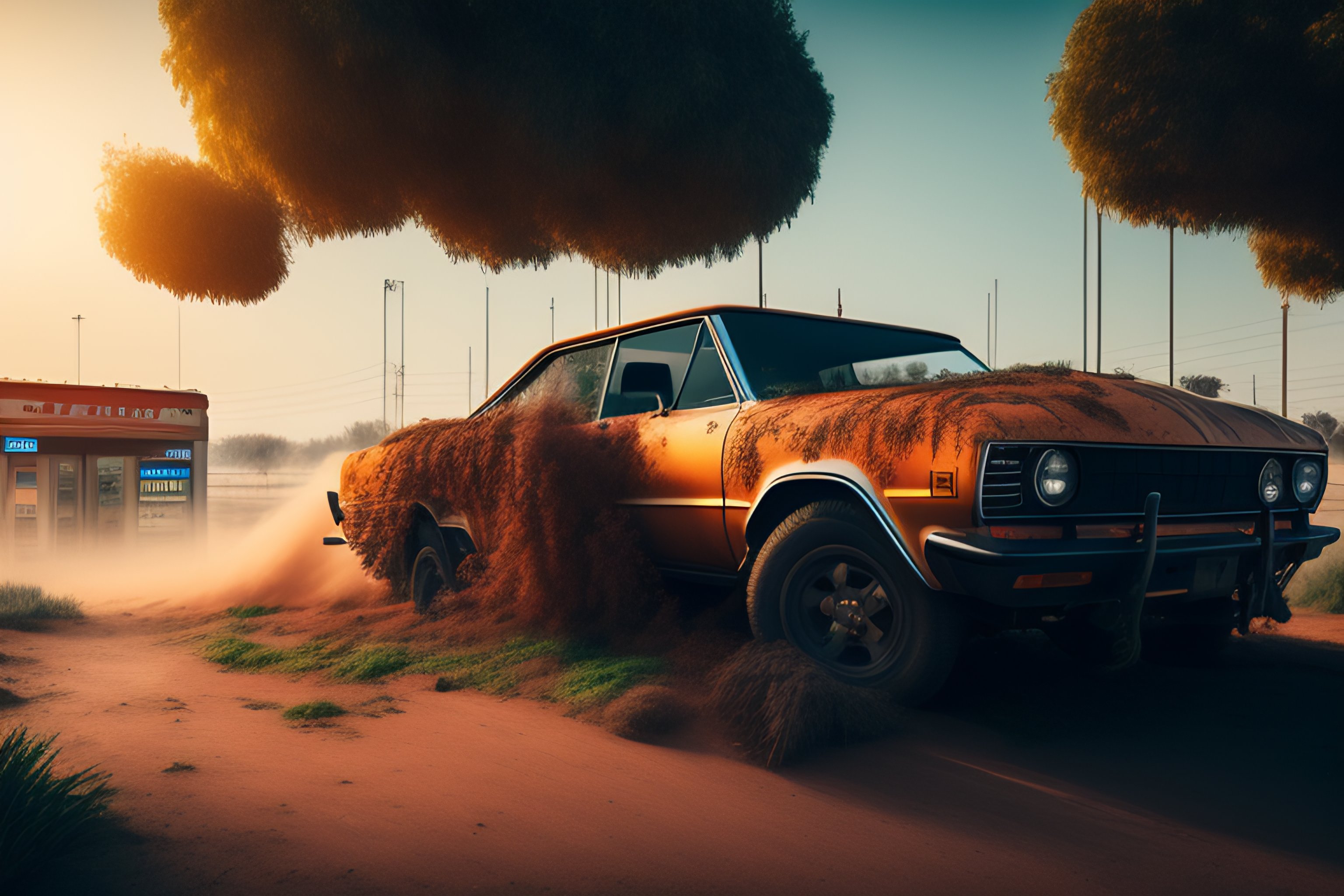 Lexica - 4k view of a car covered in vegetation with rusty body side of ...