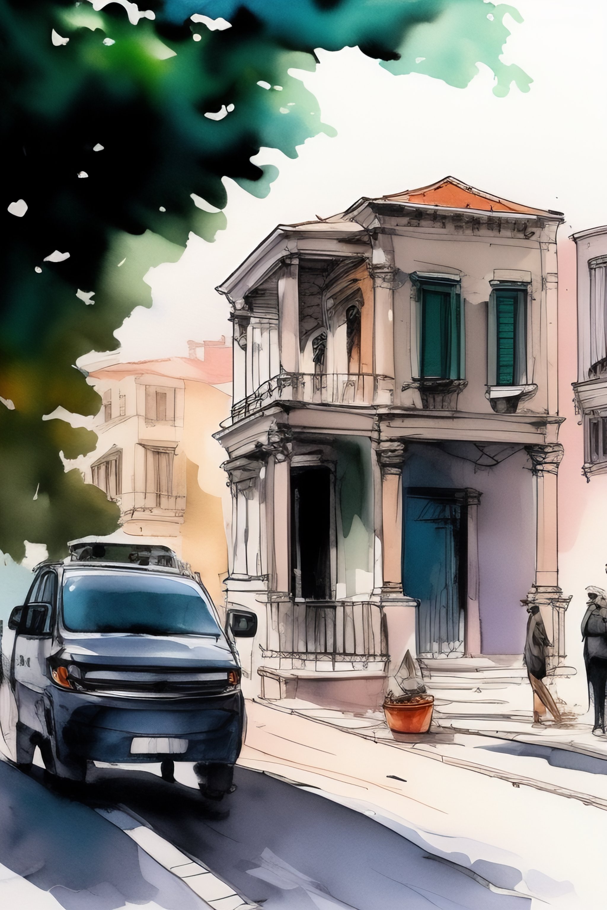 Lexica - A loose ink sketching with watercolors of a modern Athens ...