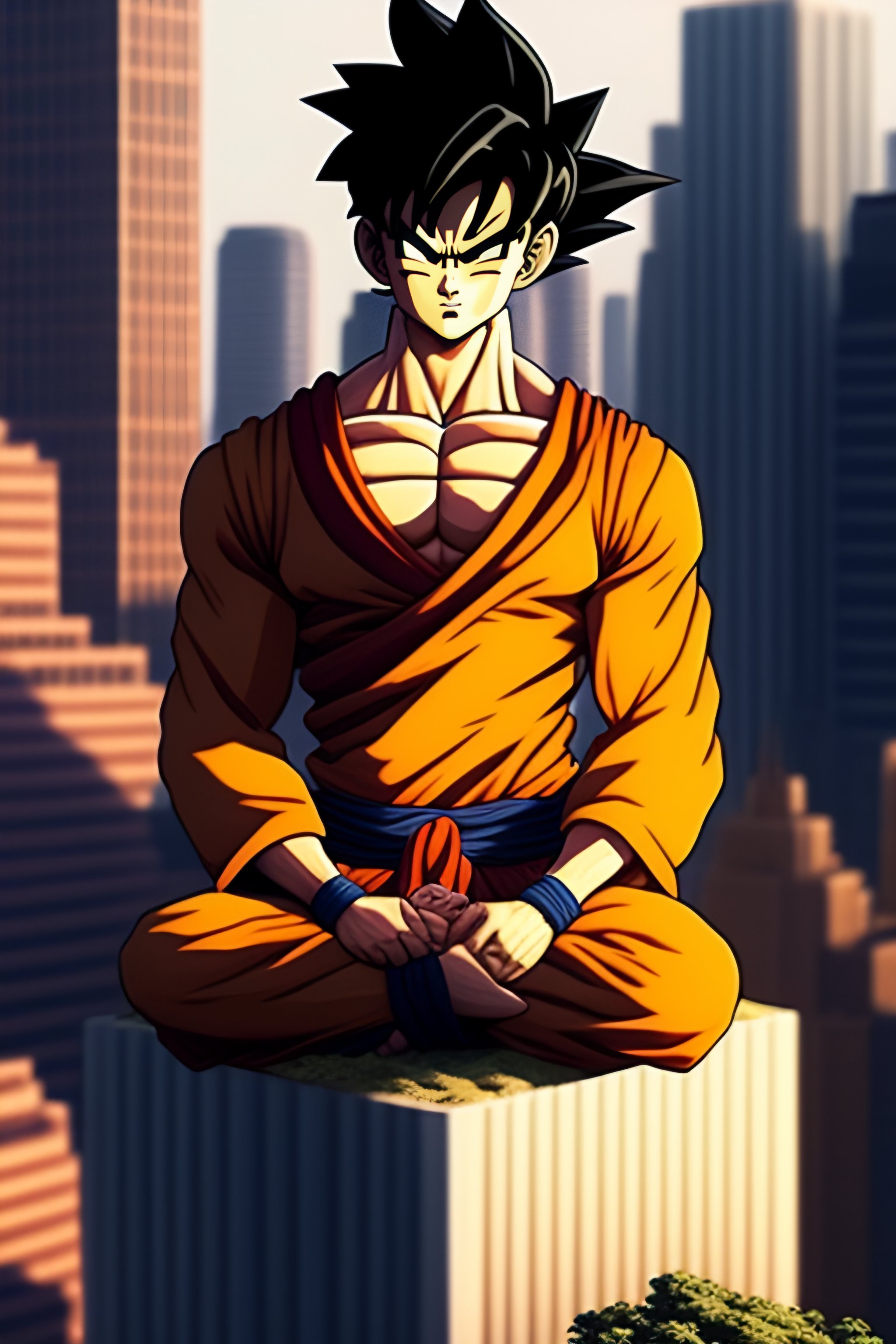 Lexica - Son goku meditating on top of a japanese building