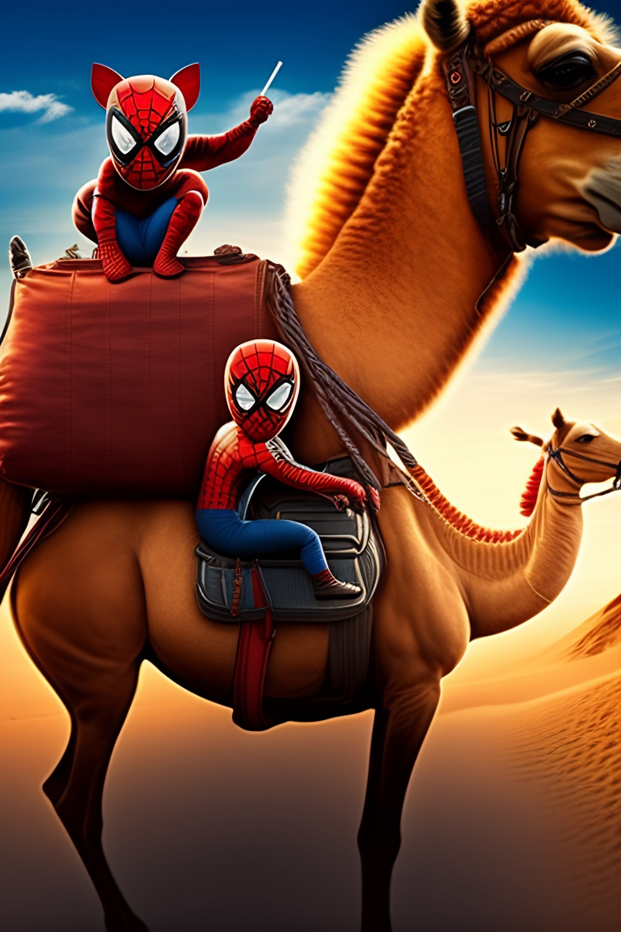 Lexica - Spiderman riding a camel.