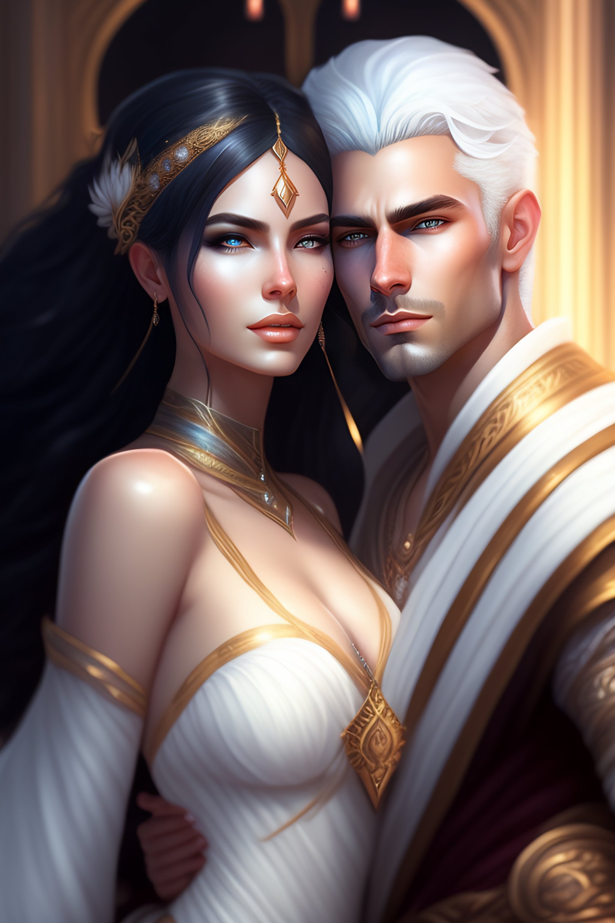 Lexica - Mage godess with white hair, mage god with black hair, pale skin, fantasy, in love ...