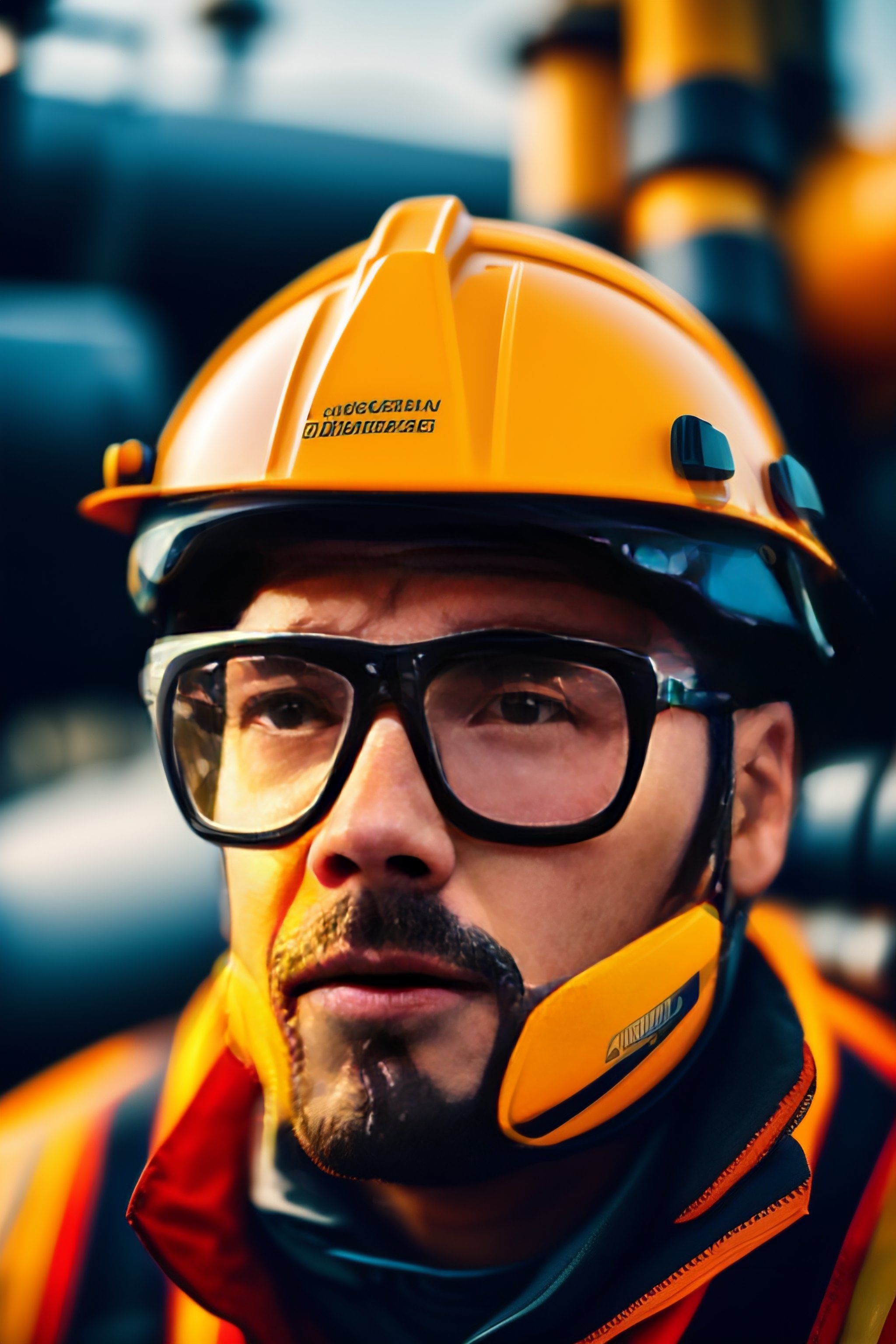 Lexica - Close up of a oil rig worker in a helmet and glasses from above