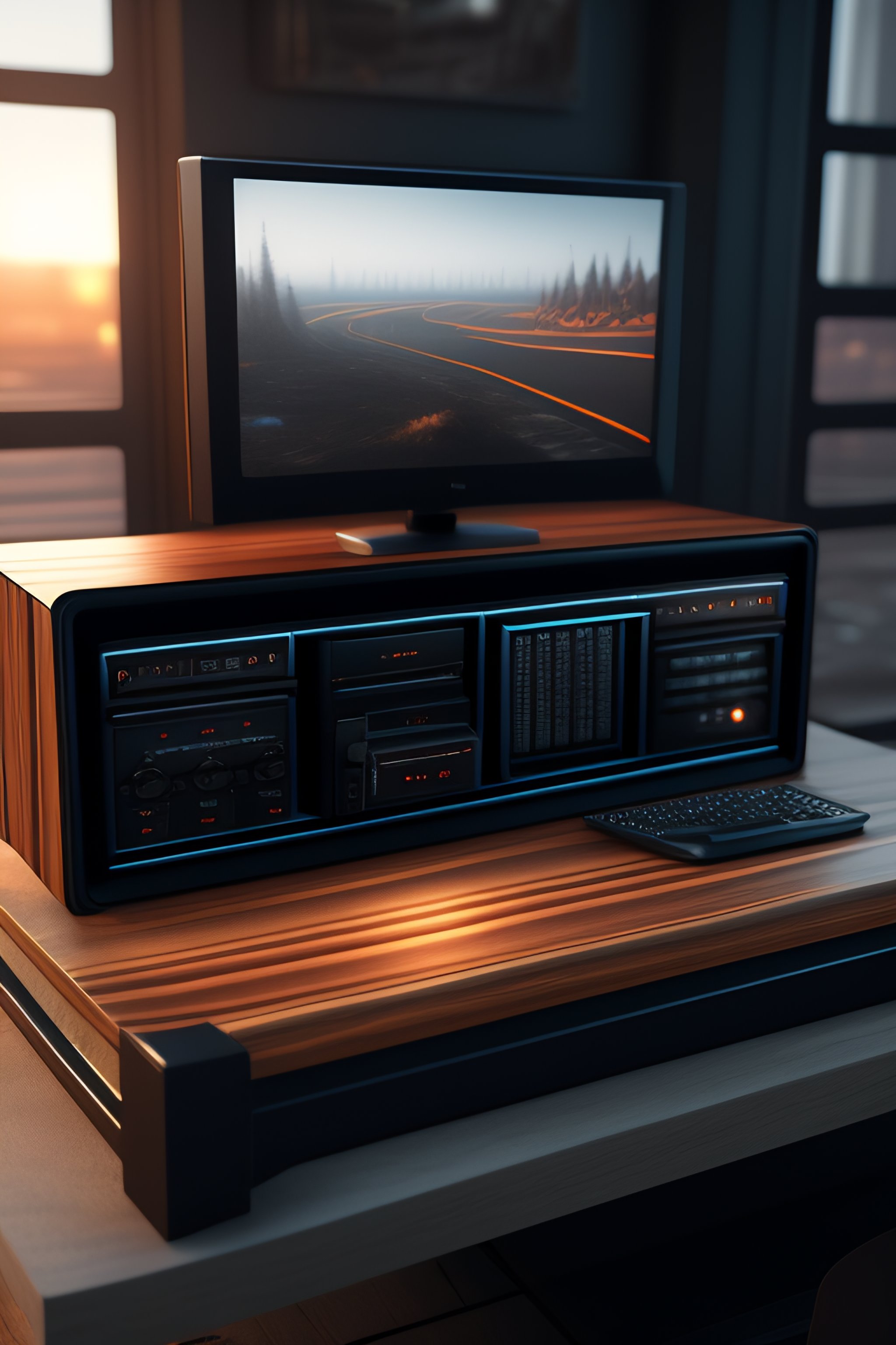 Lexica - A dark industrial wood desk with control panel on the side of ...