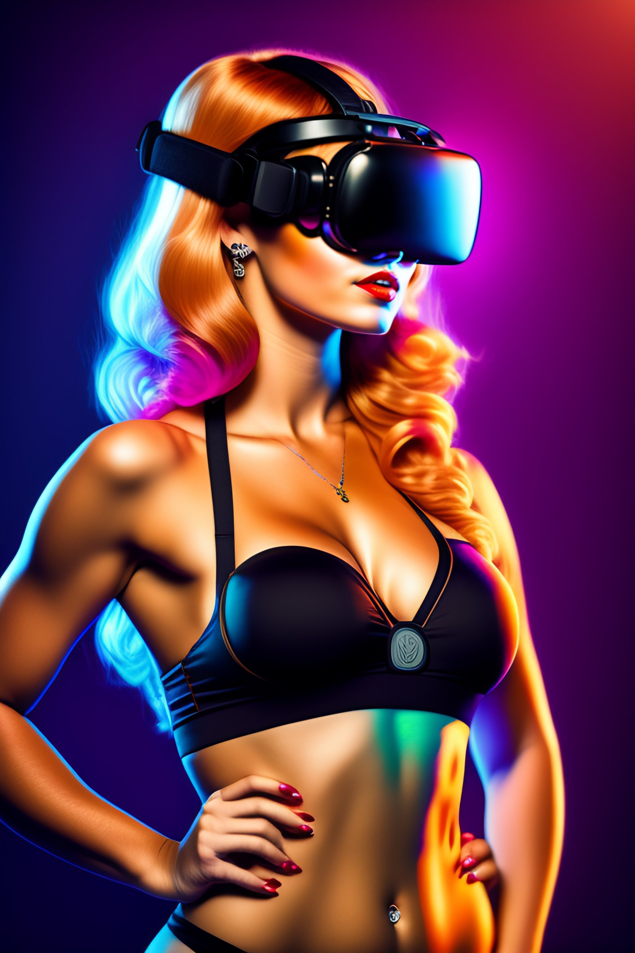 Lexica - Portrait of full body pin up girl with virtual reality headset with a joystick in hands