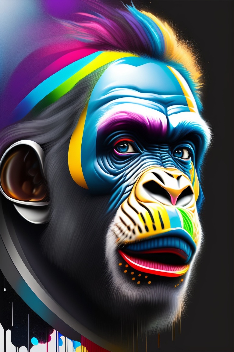 Lexica - Pop art, black and white chimp face, splashes of colorfull ...