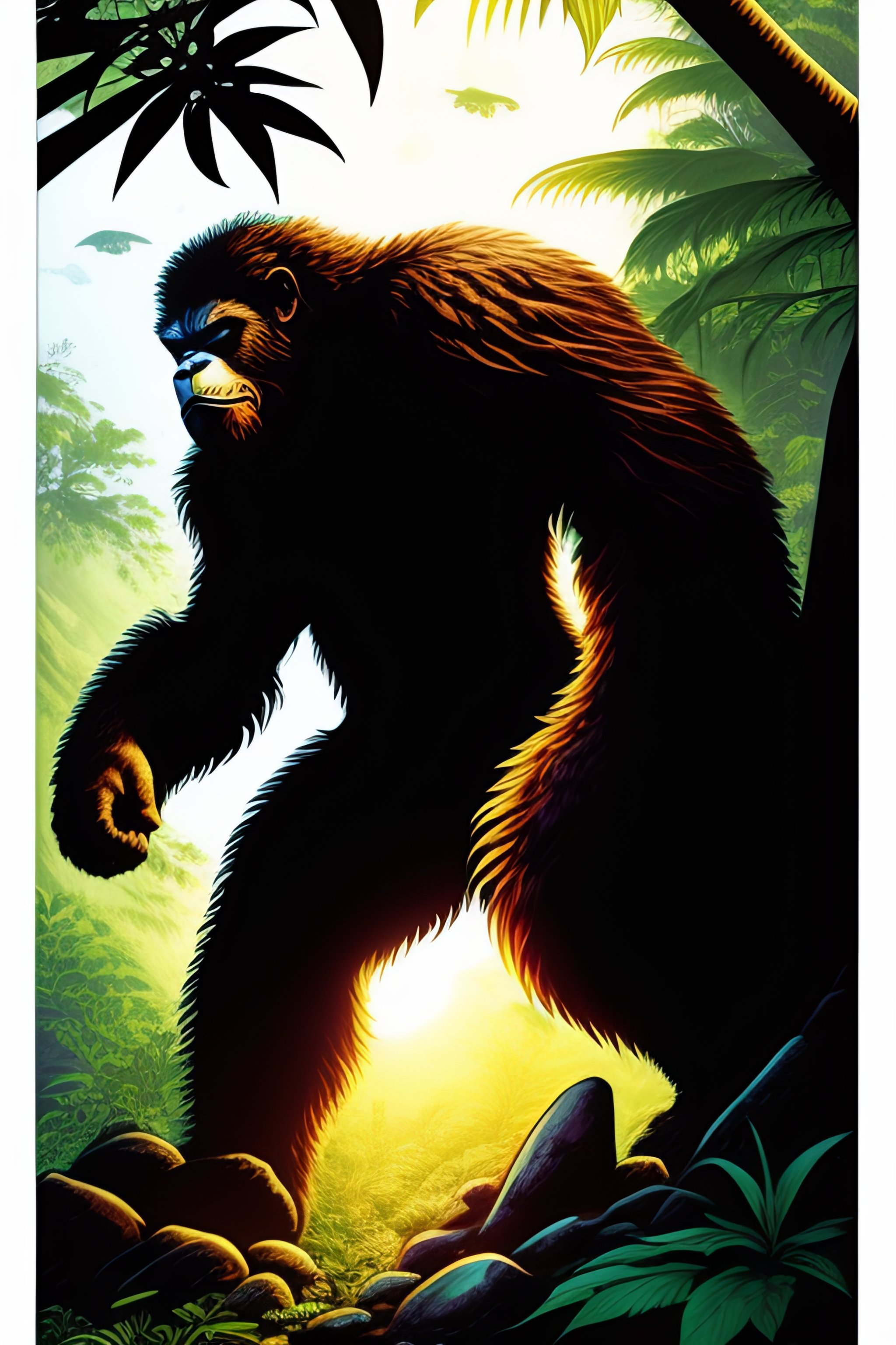 Lexica - Sasquatch dark jungle running at you lights in the sky comic ...