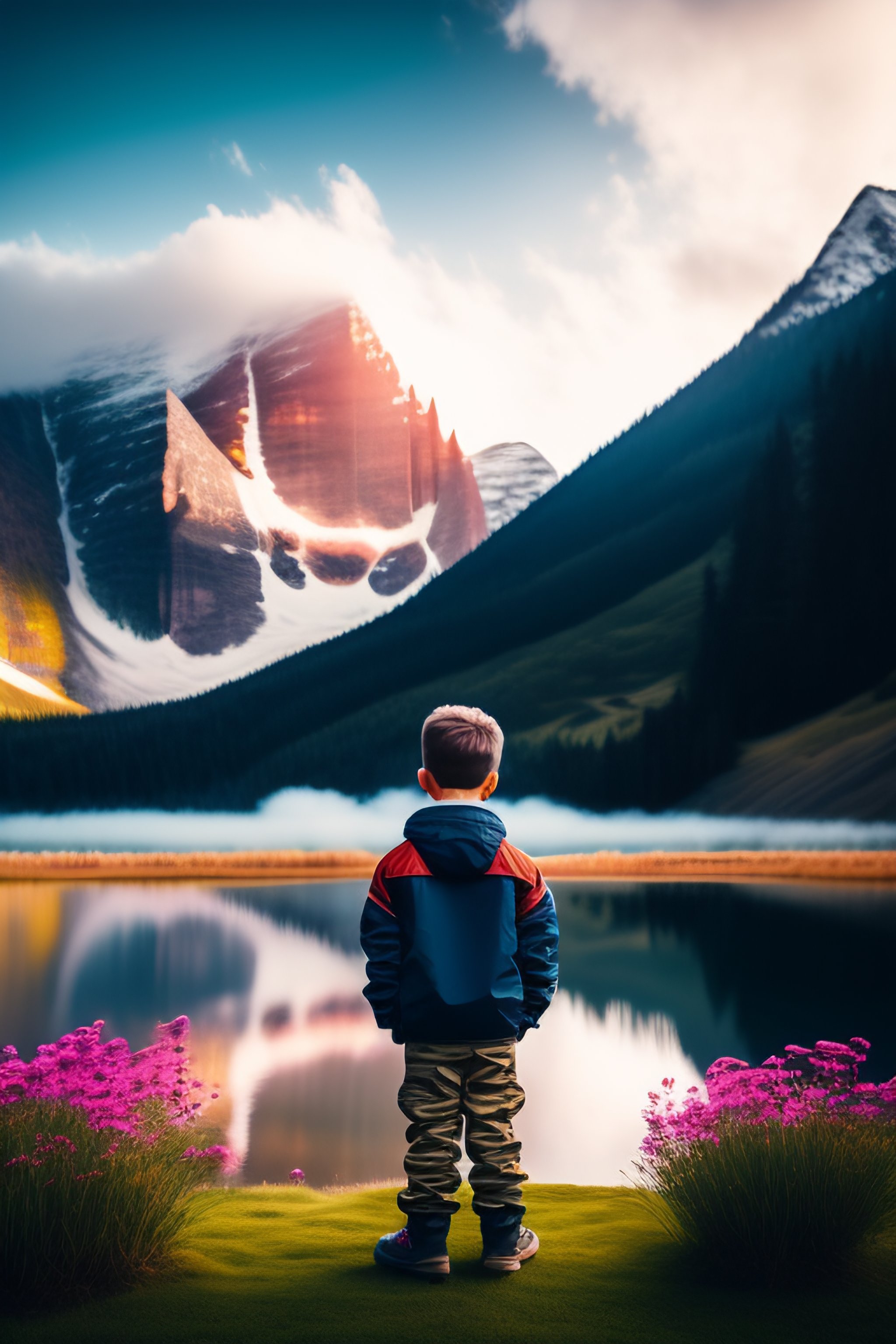 Lexica - A landscape mountain lake grass ducks sun behind clouds ...