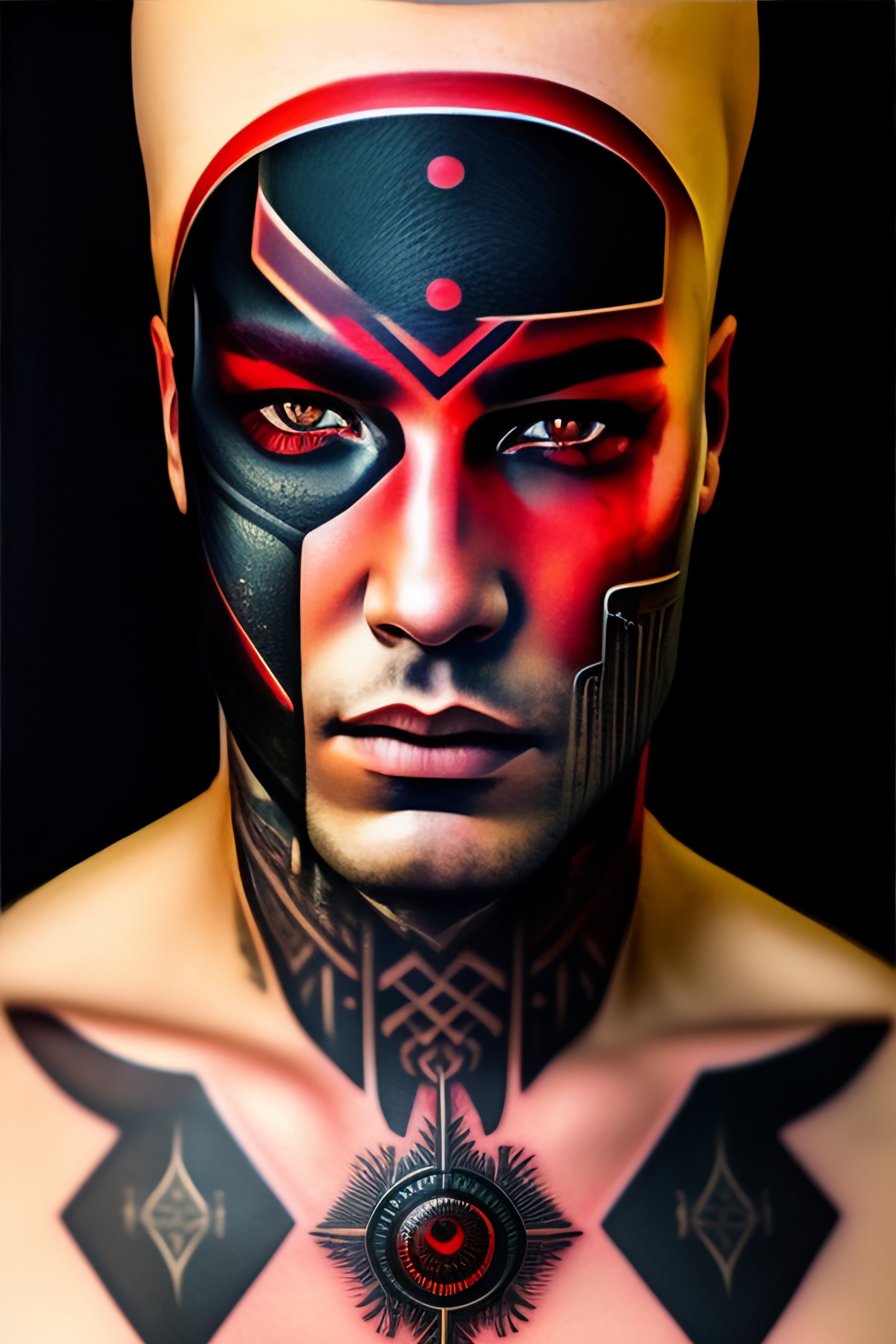 Lexica - Human face with half cybernetics red eyes and tattoo on the ...