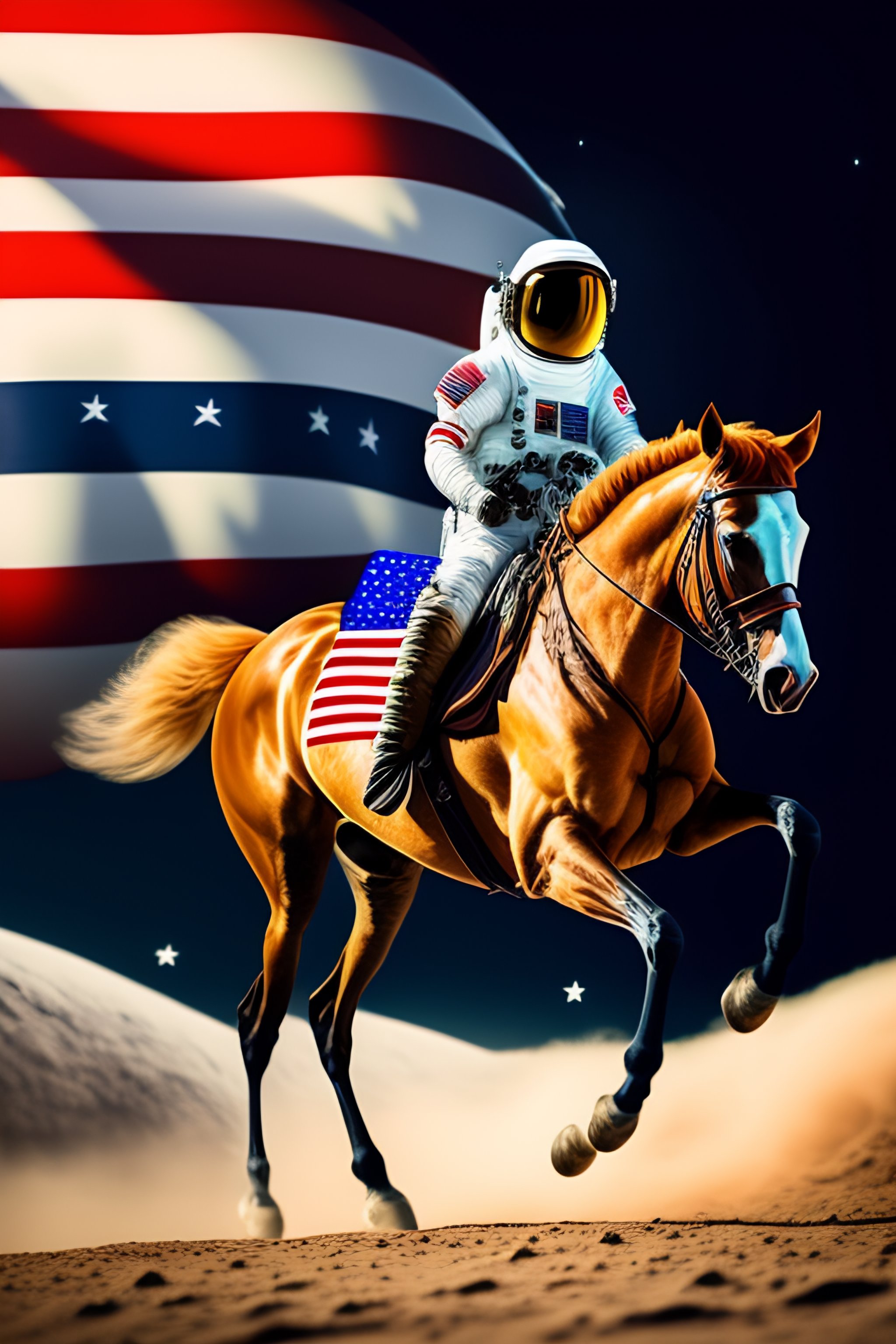 Lexica - Astronaut on the moon riding a horse with american flag and ...