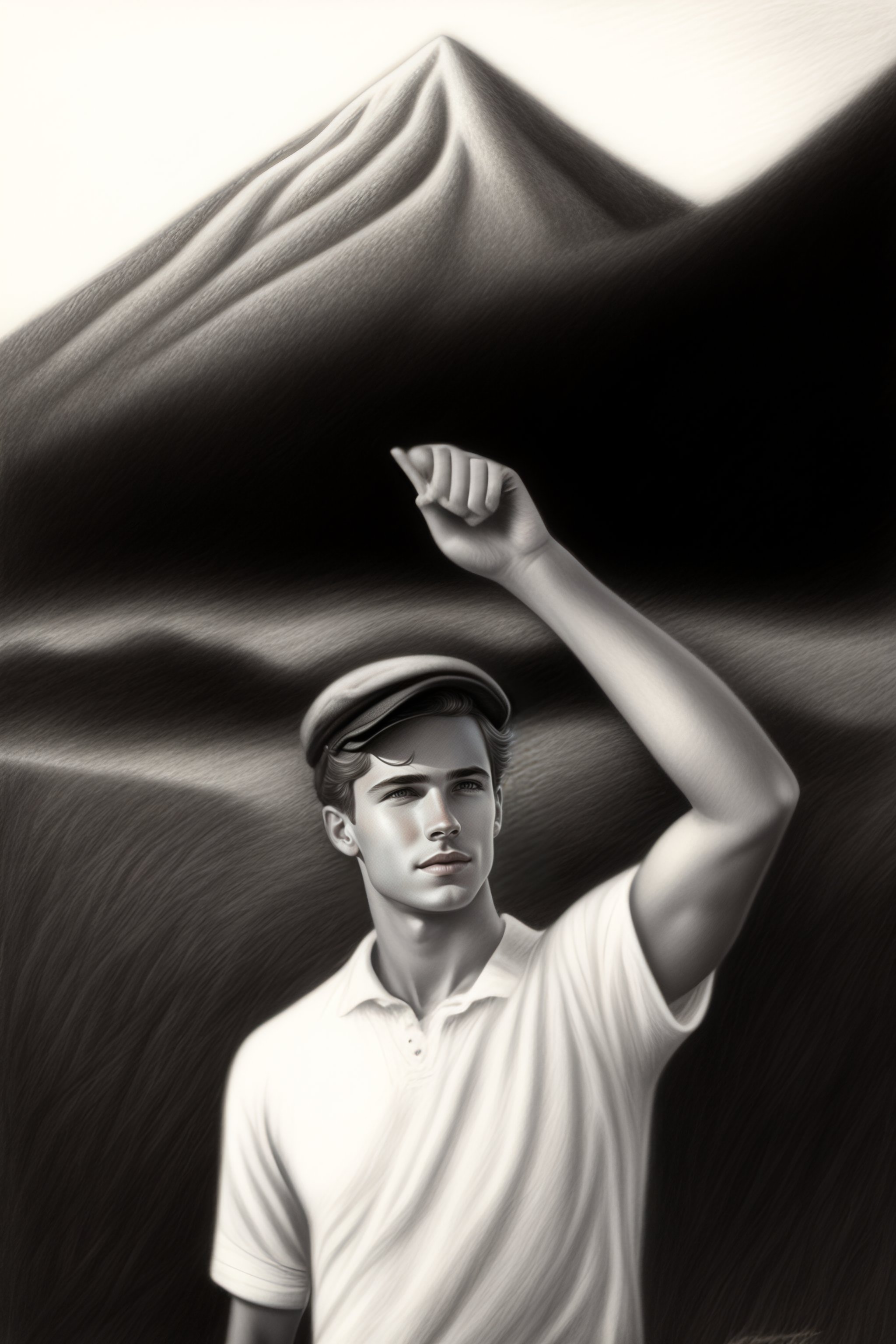 Lexica - Young man raising right hand, pencil drawing, top of moutain