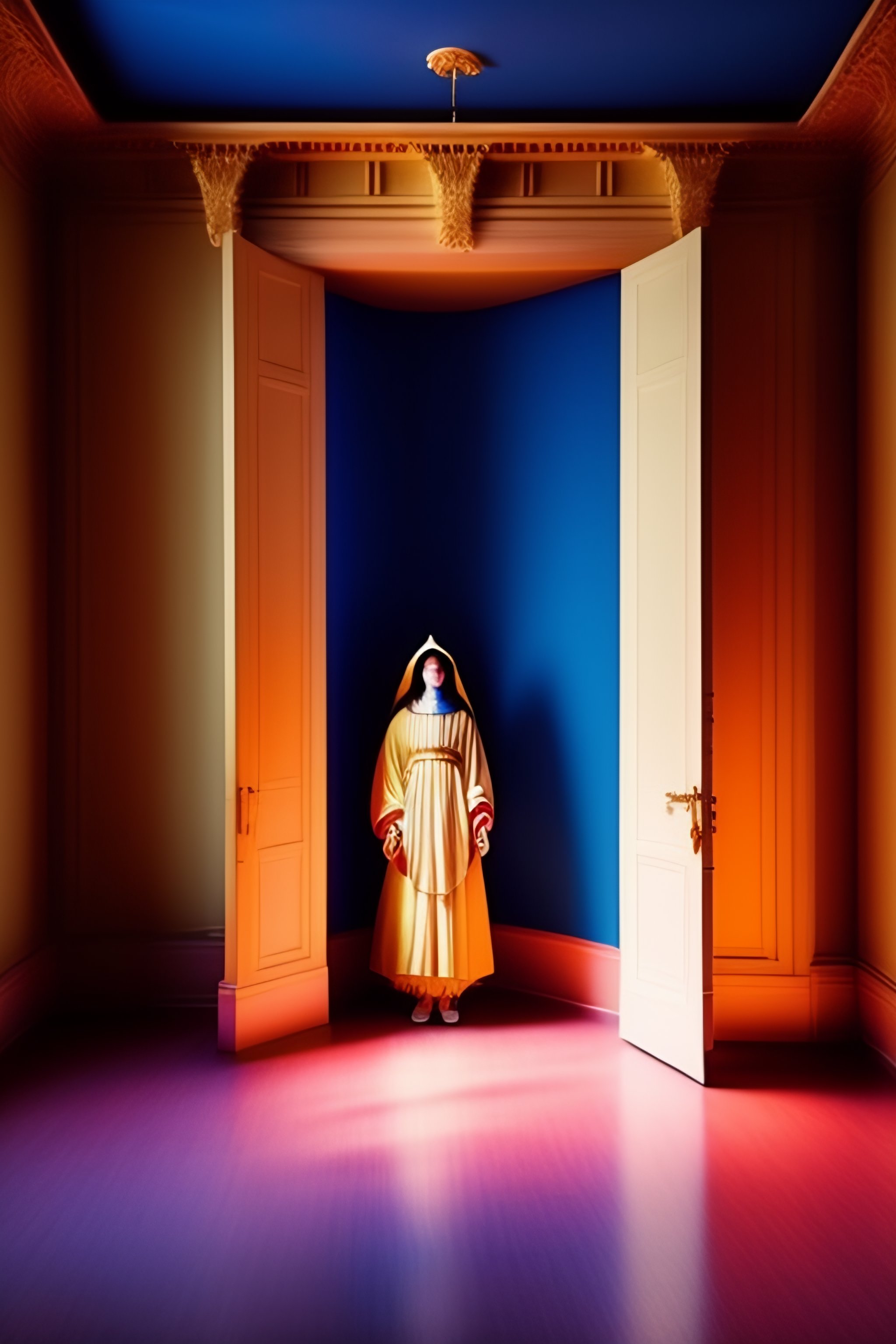 Lexica - An ivory golden demon in a blue and red haunted liminal ...