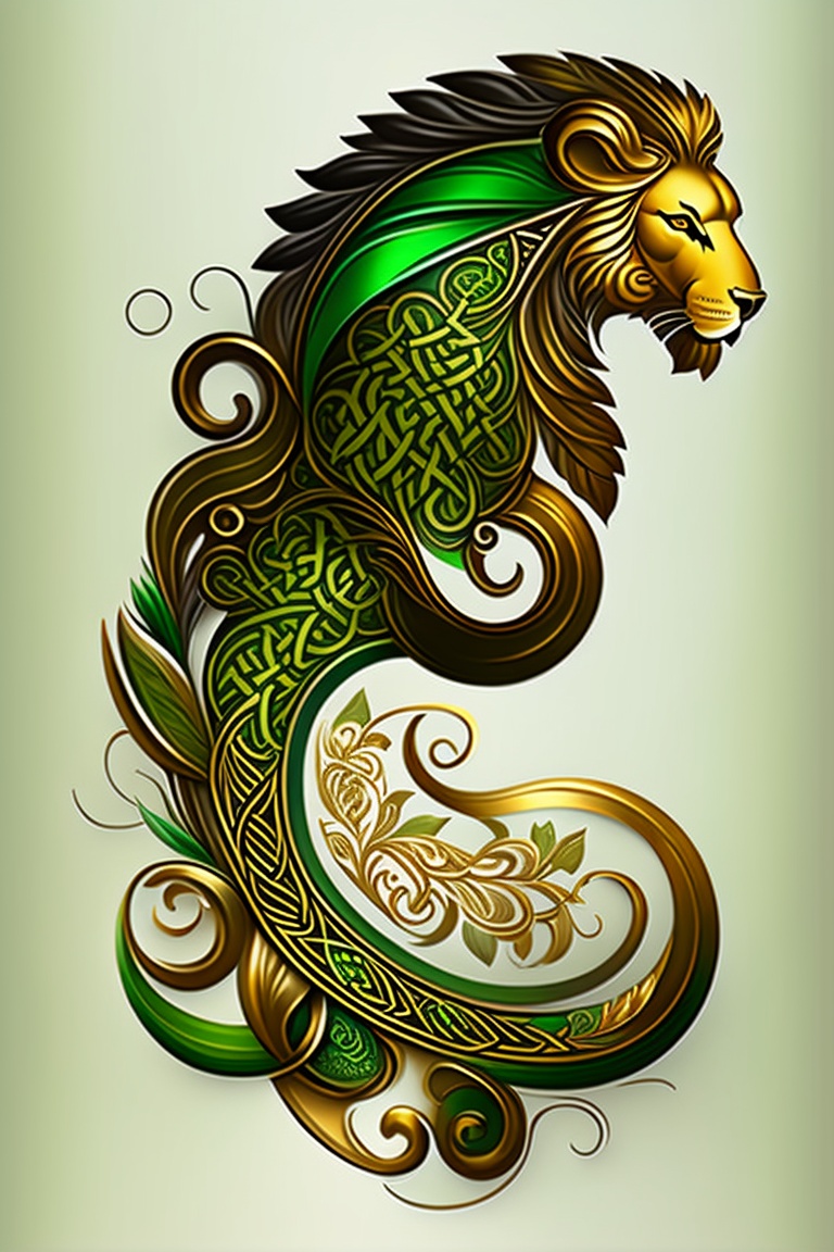 Lexica - Celtic Lion, many green and golden Celtic ornaments by side ...