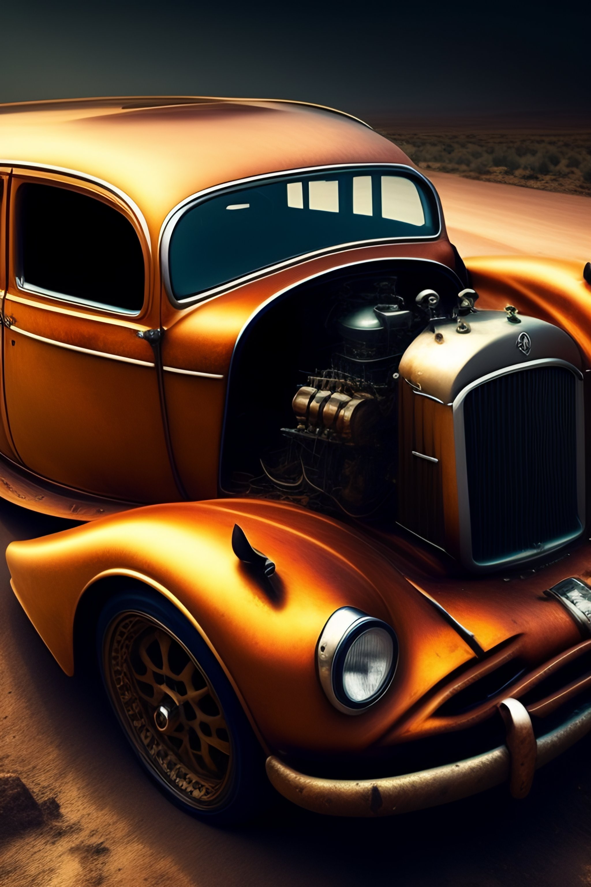 Lexica - Steampunk Volvo V60, old and rusty, with flat tyres.