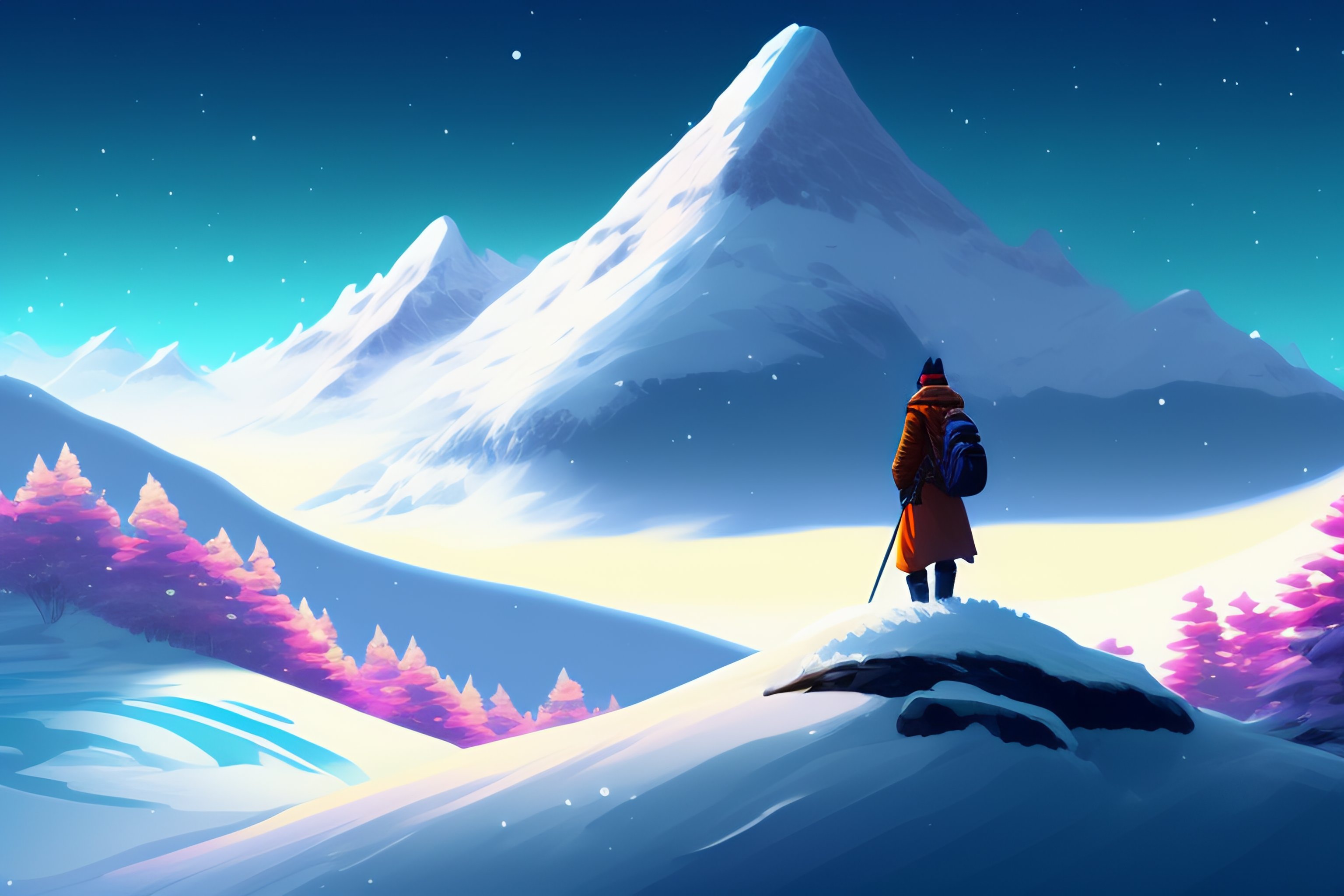 Lexica - Man on top of a snowy mountain illustration old anime style