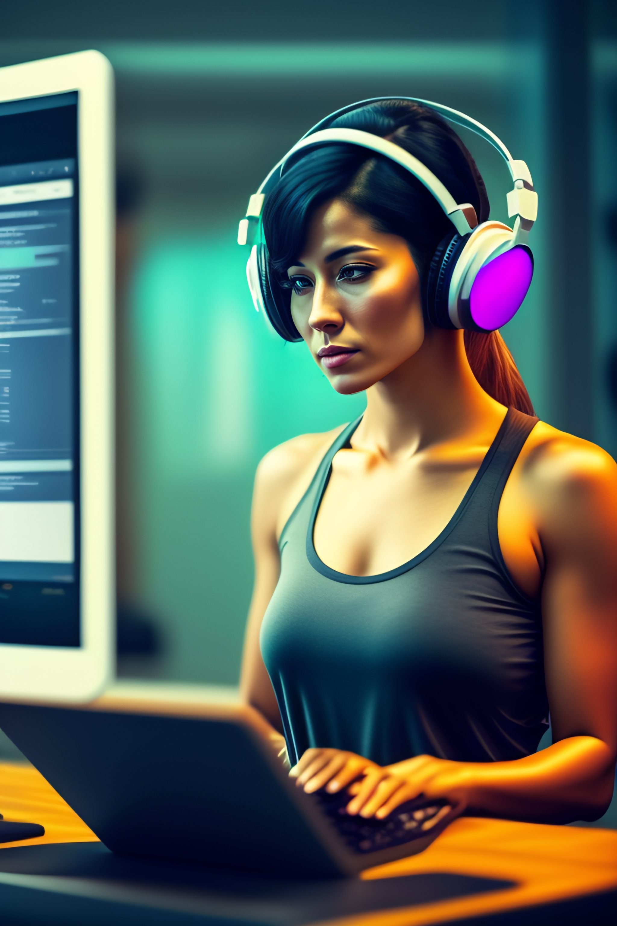 Lexica - Generate an image of a female hacker in a tanktop at a ...