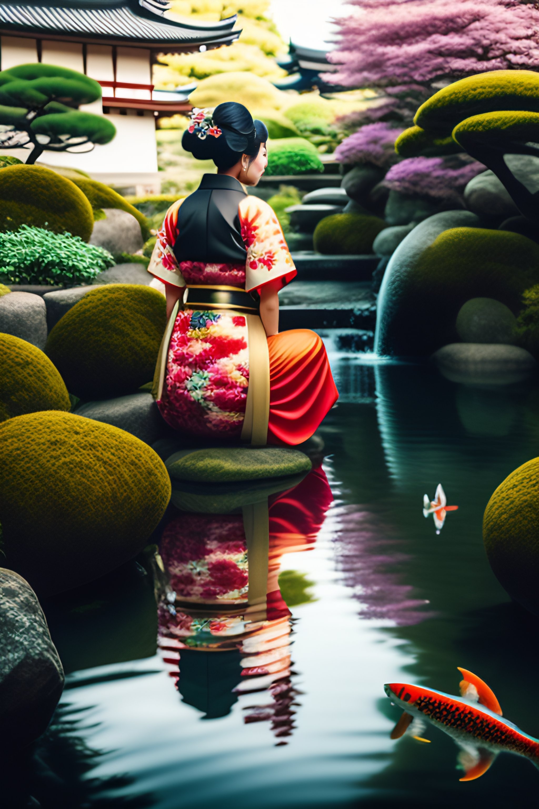 Lexica - Beautiful Japanese geisha in a Japanese garden with a koi fish ...