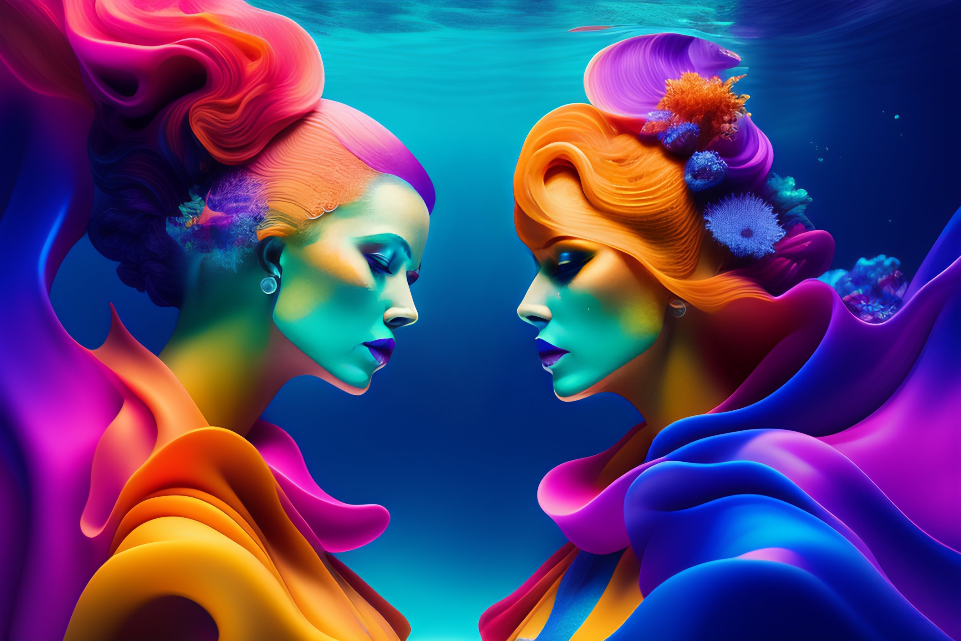 Lexica - Abstract colorful underwater ink art of two mermaids playing ...