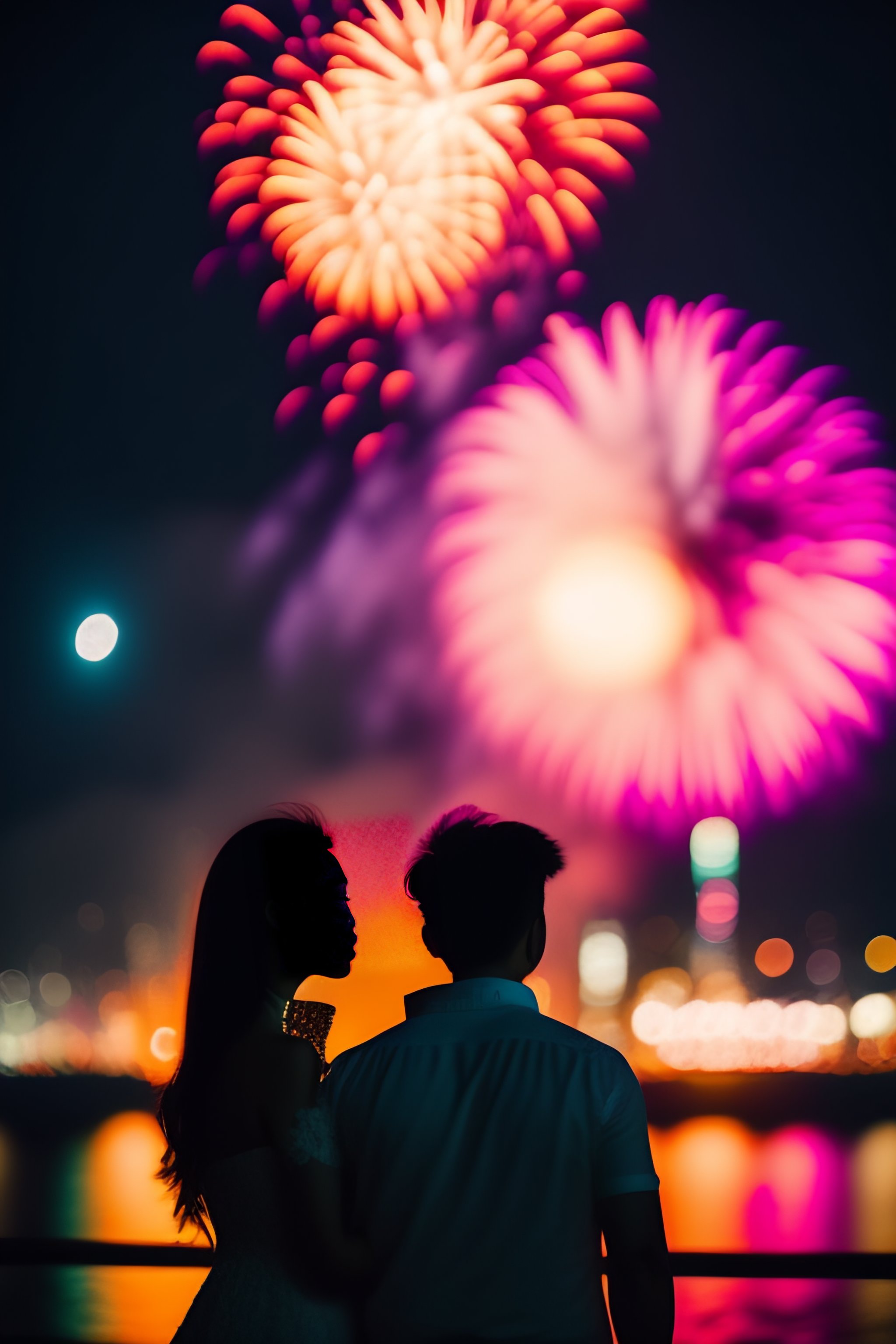 Lexica - A silhouette of couple watch fireworks in Hong Kong