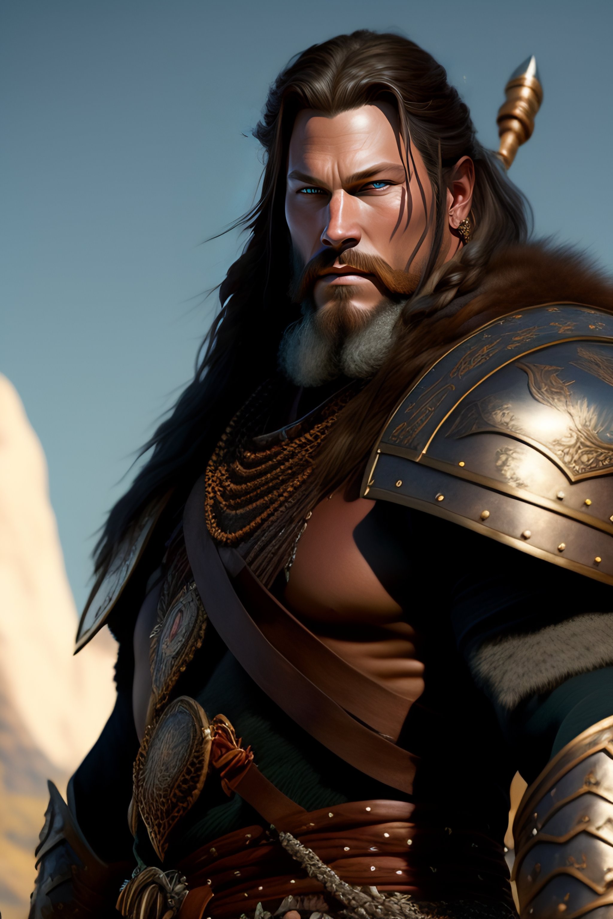 Lexica - Highly detailed portrait of travis fimmel as old Barbarian chieftain in crude leather ...