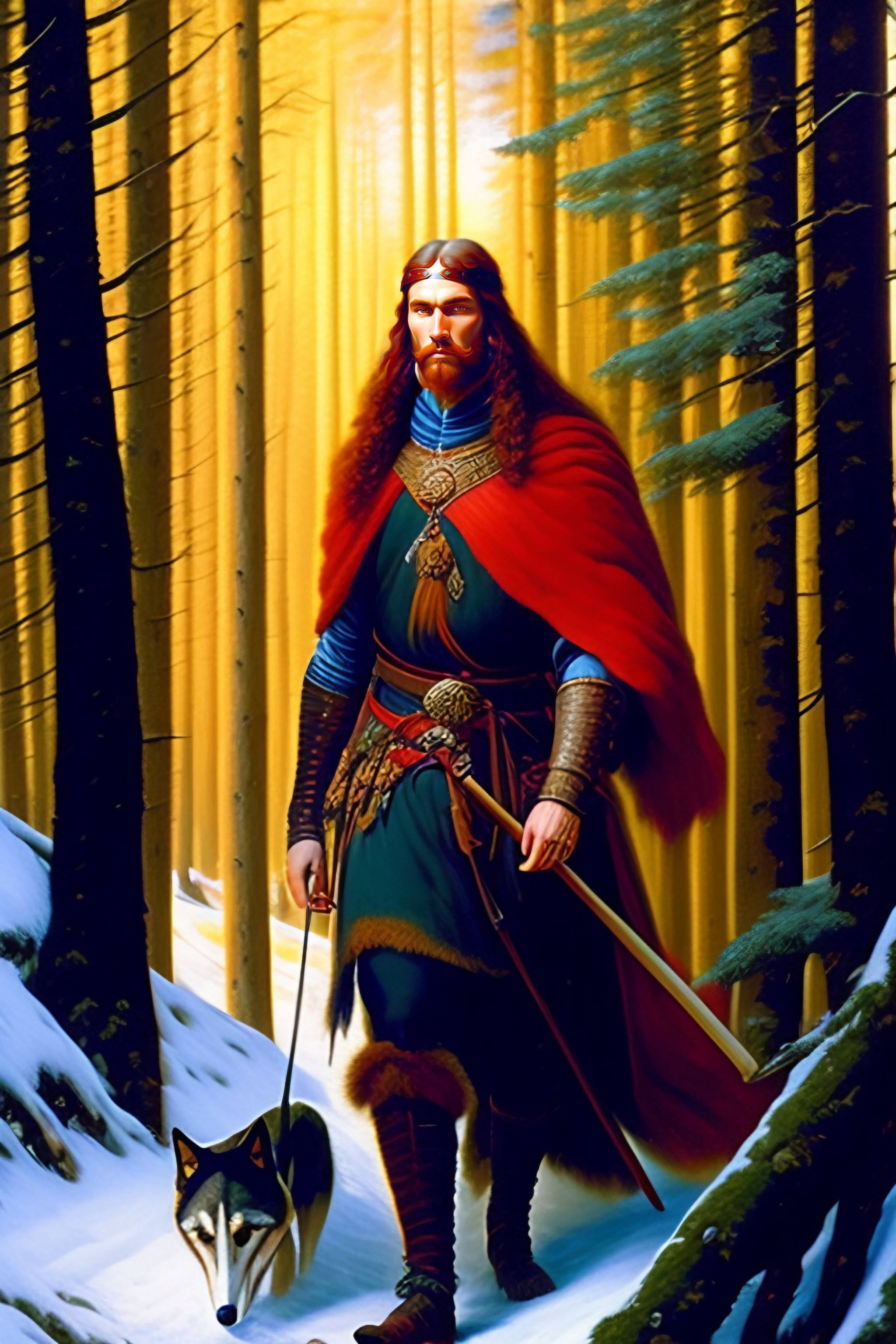 Lexica - Warrior red head man, with wolves, black haired woman, woolen ...