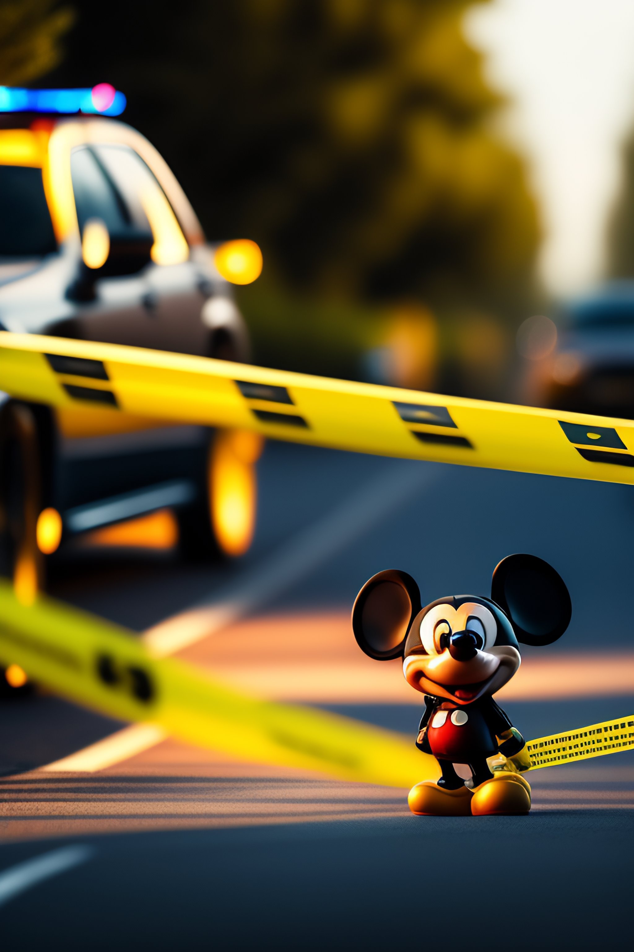 Lexica - Mickey mouse next to a crime scene, yellow tape, police cars