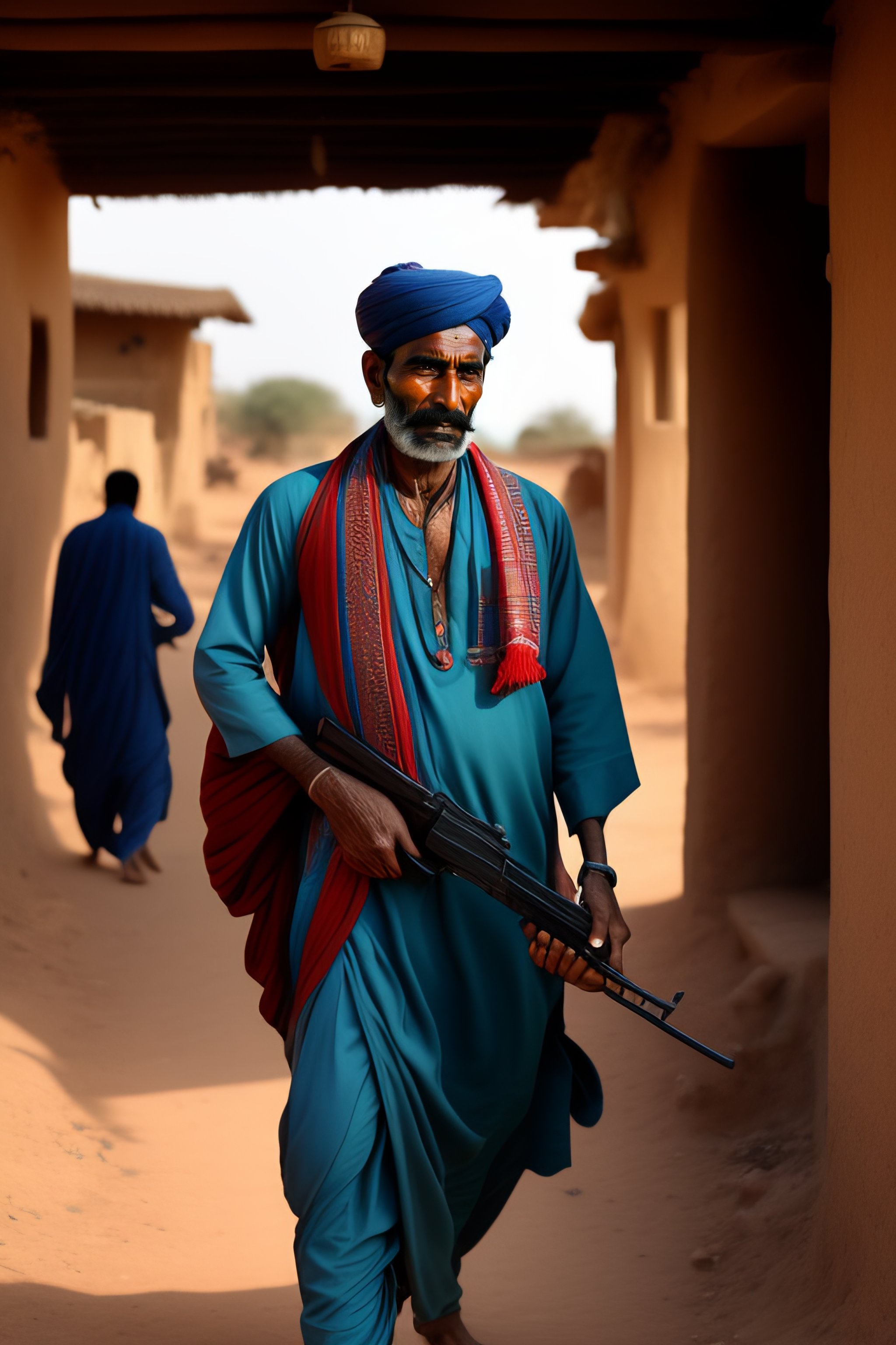 Lexica - Sindhi man with shotgun in hand in village